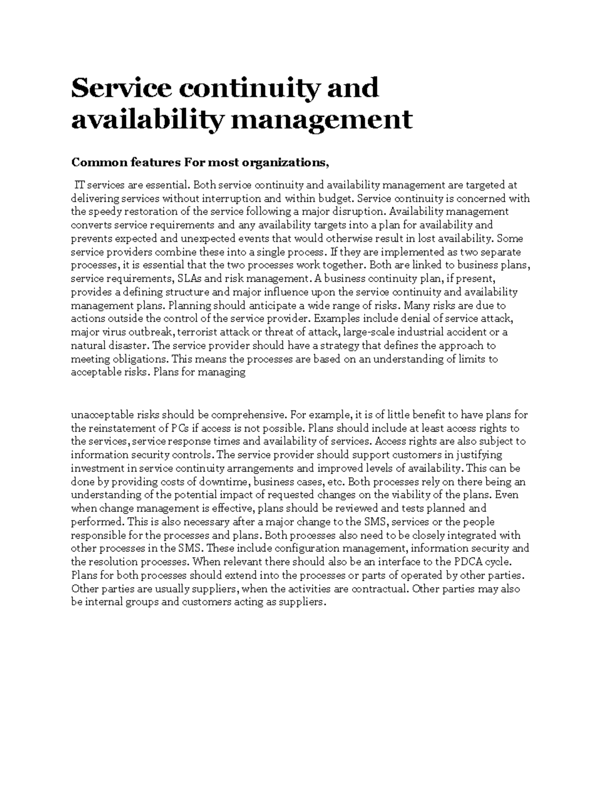 Service continuity and availability management - Service continuity and ...