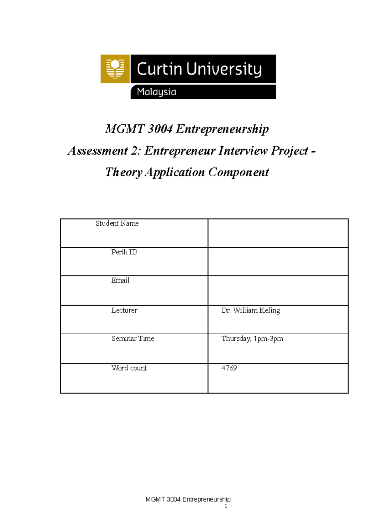 Entrepreneur Assignment 2 - MGMT 3004 Entrepreneurship Assessment 2 ...
