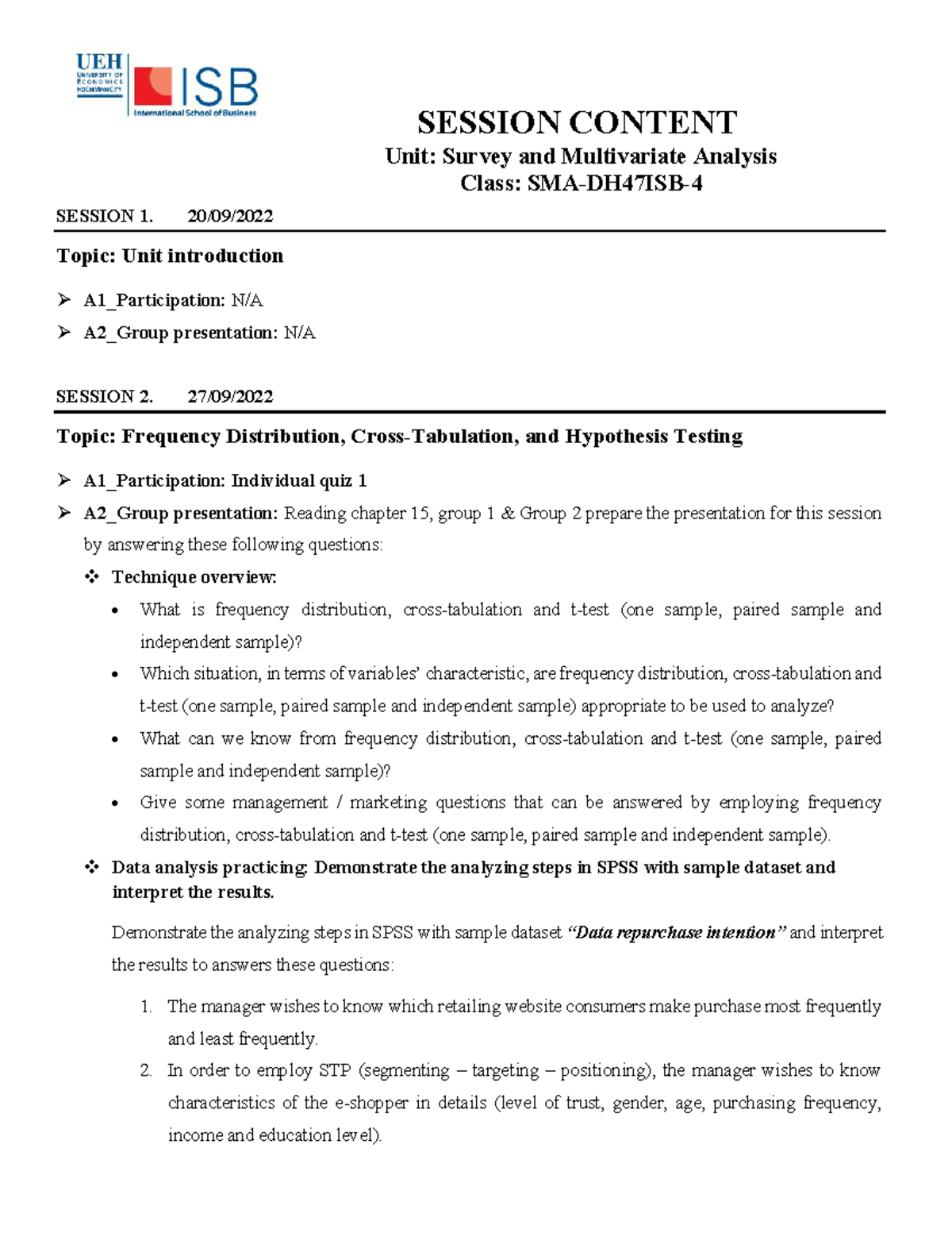 Session content SMA-DH47ISB-4 - SESSION CONTENT Unit: Survey and ...