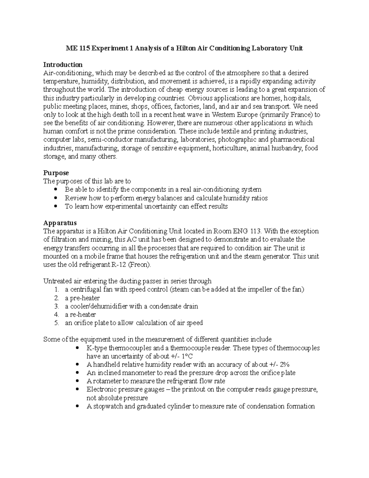AC lab S17 - ME 115 Experiment 1 Analysis of a Hilton Air Conditioning ...