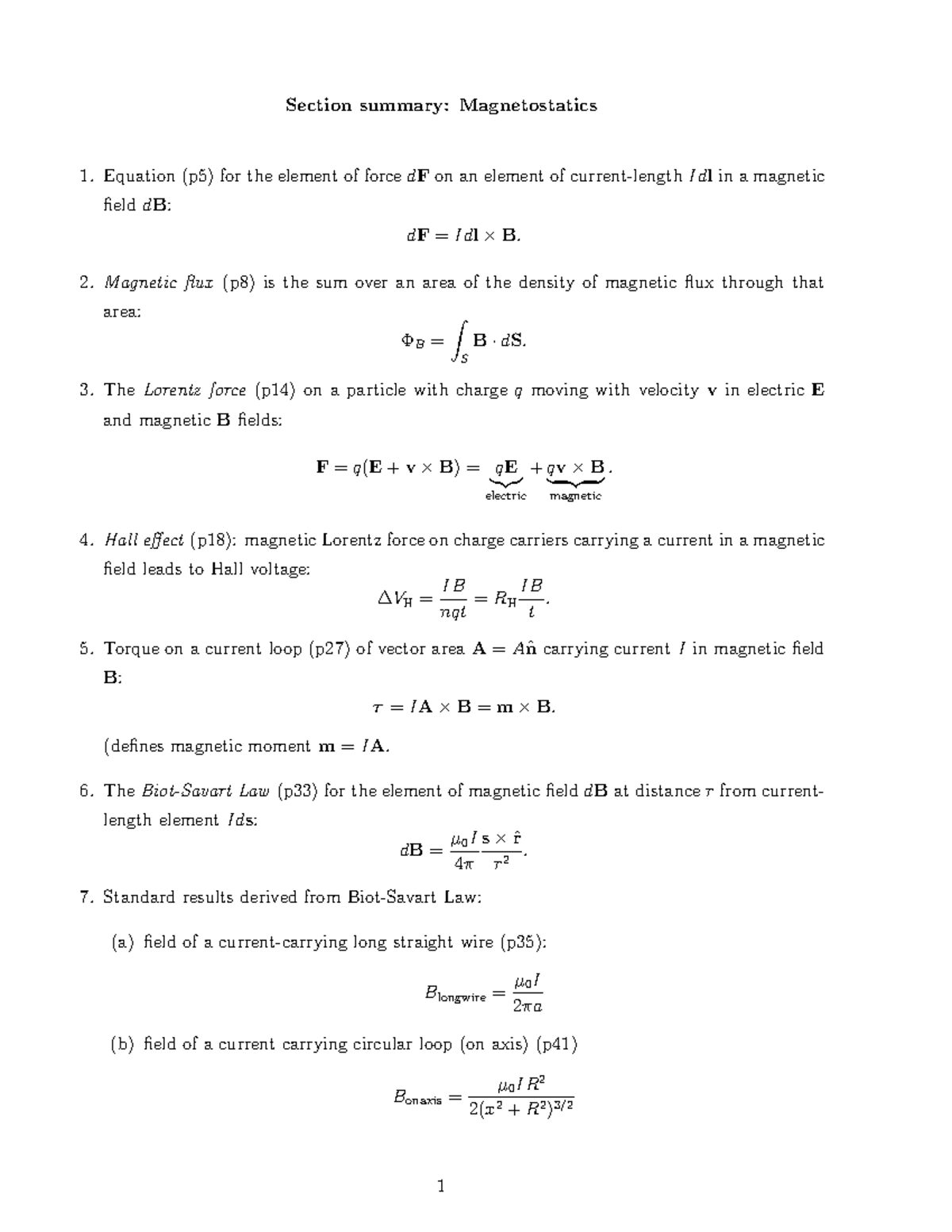 1 - Magnetostatics Summary - Section summary: Magnetostatics Equation ...