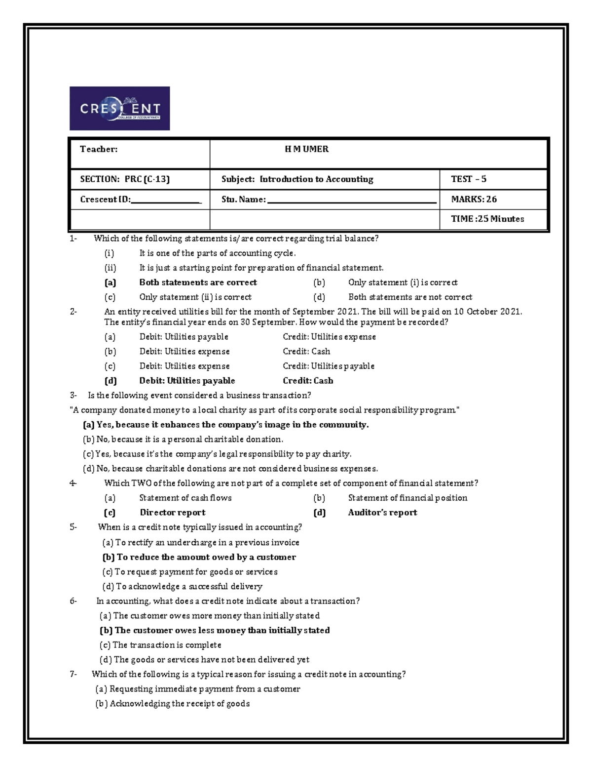 Test 5-C13 Solution - notes - Teacher: H M UMER SECTION: PRC (C-13 ...