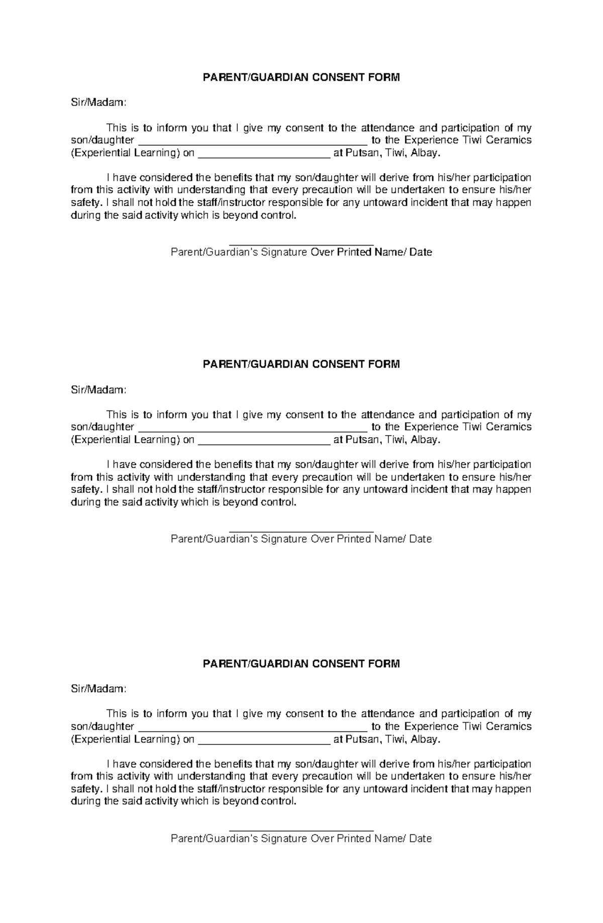 Consent - materials - PARENT/GUARDIAN CONSENT FORM Sir/Madam: This is ...