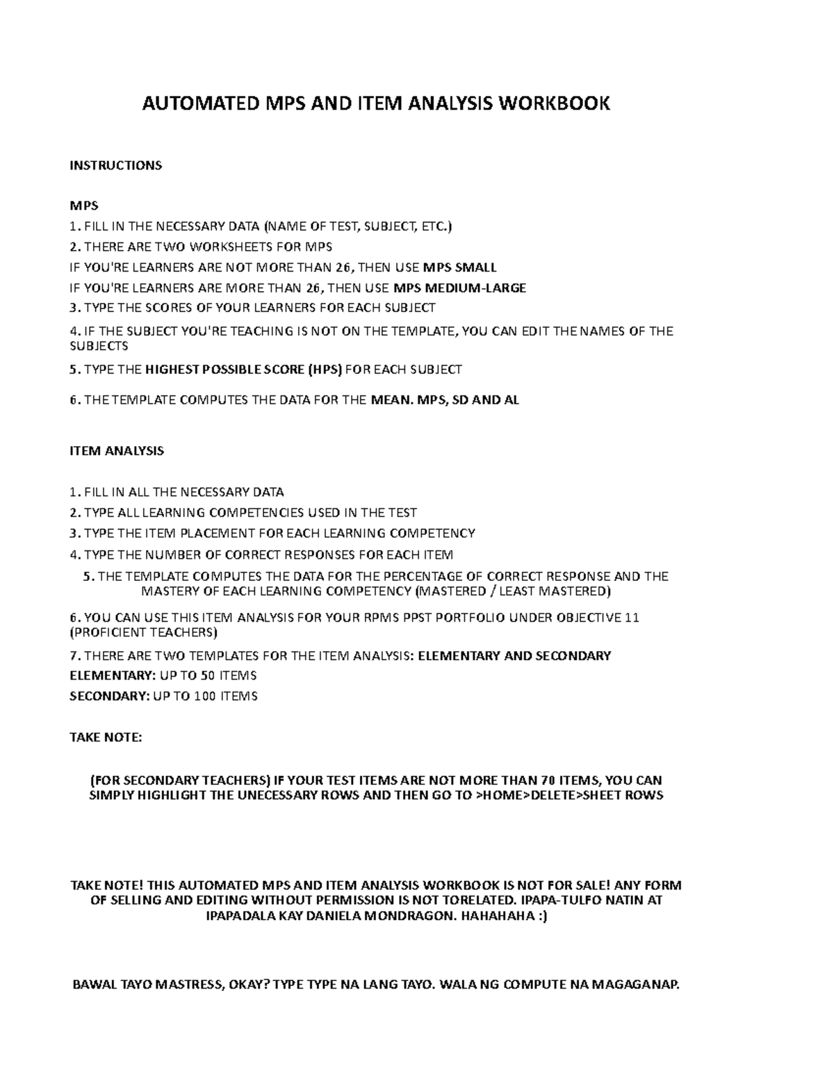 Pdfcoffee - ggg - AUTOMATED MPS AND ITEM ANALYSIS WORKBOOK INSTRUCTIONS MPS 1. FILL IN THE ...
