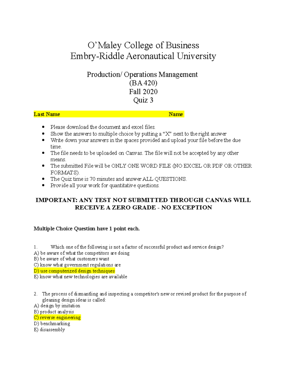 TEST 3 - test 3 - O’Maley College of Business Embry-Riddle Aeronautical ...
