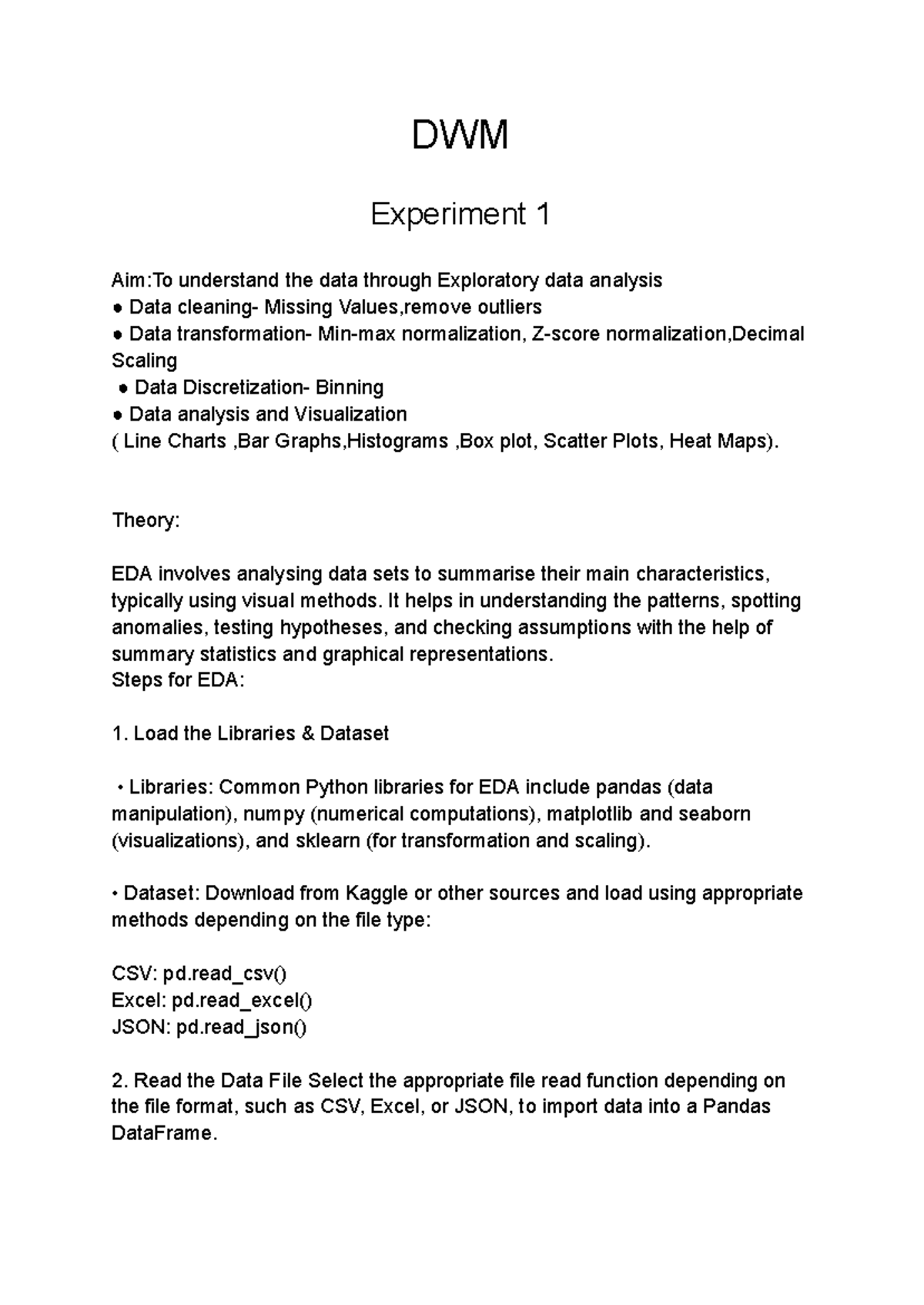 Dwm Dwm Notes Dwm Experiment 1 Aimto Understand The Data Through Exploratory Data Analysis