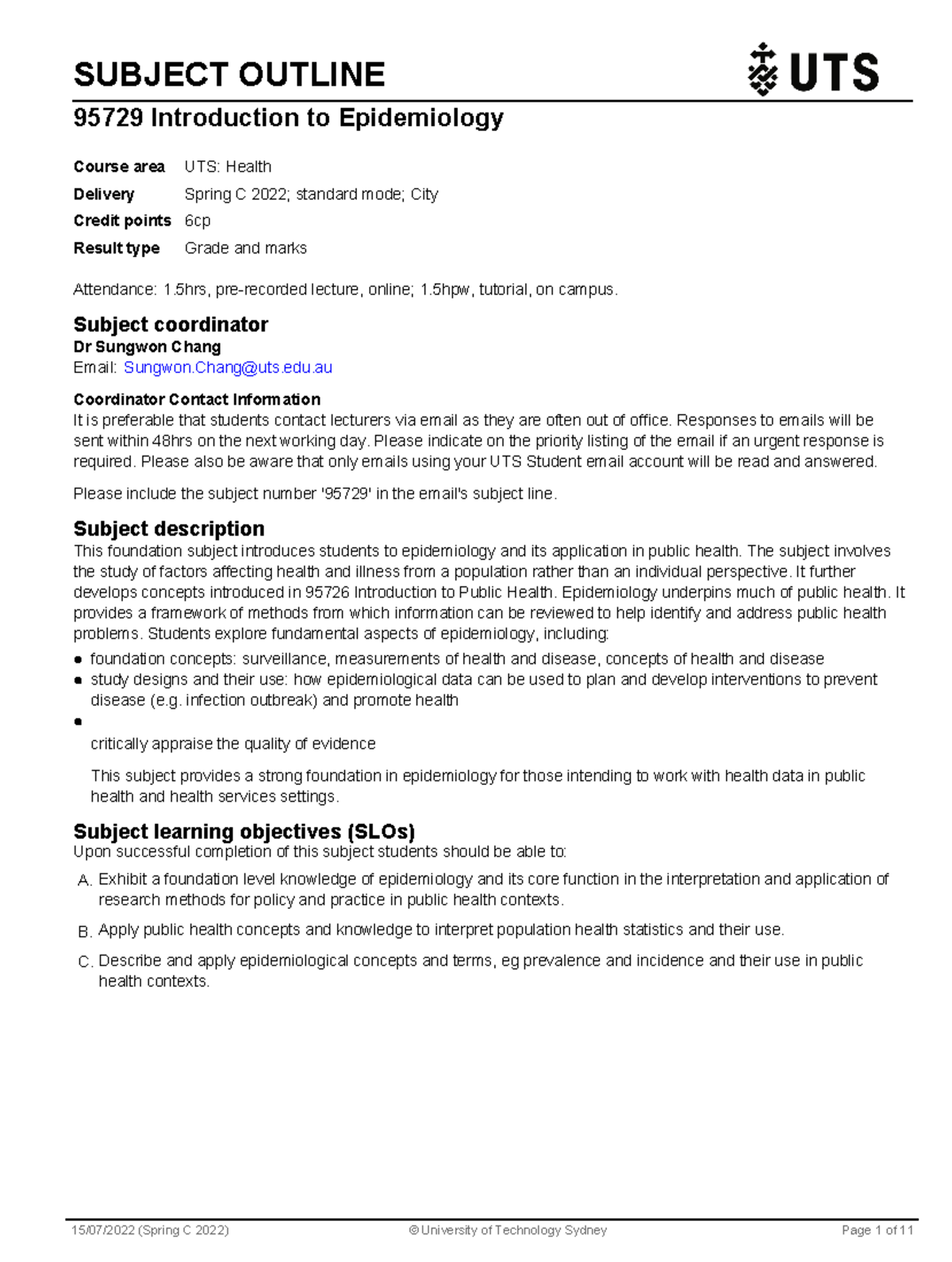 Intro to Epidemiology Subject Outline - SUBJECT OUTLINE 95729 ...