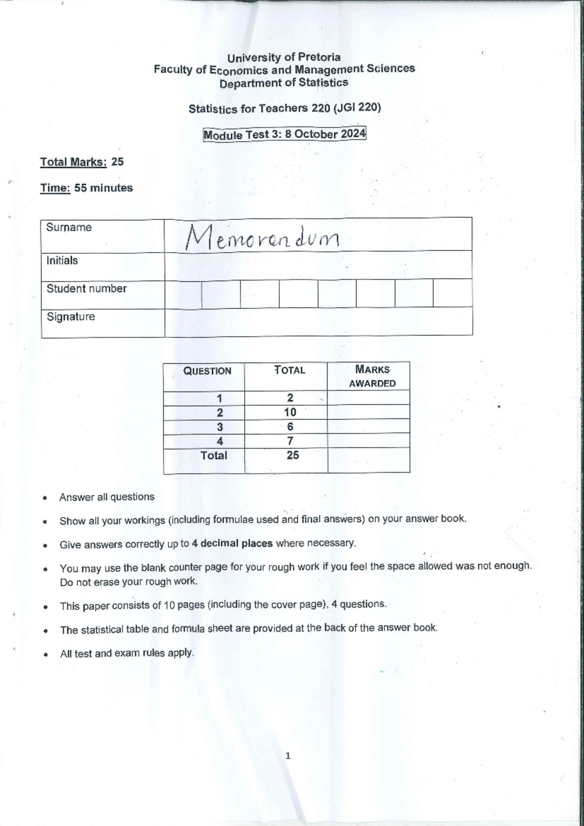 JGI220 - Module Test 3 - 2024 - Memorandum - University of Pretoria ...