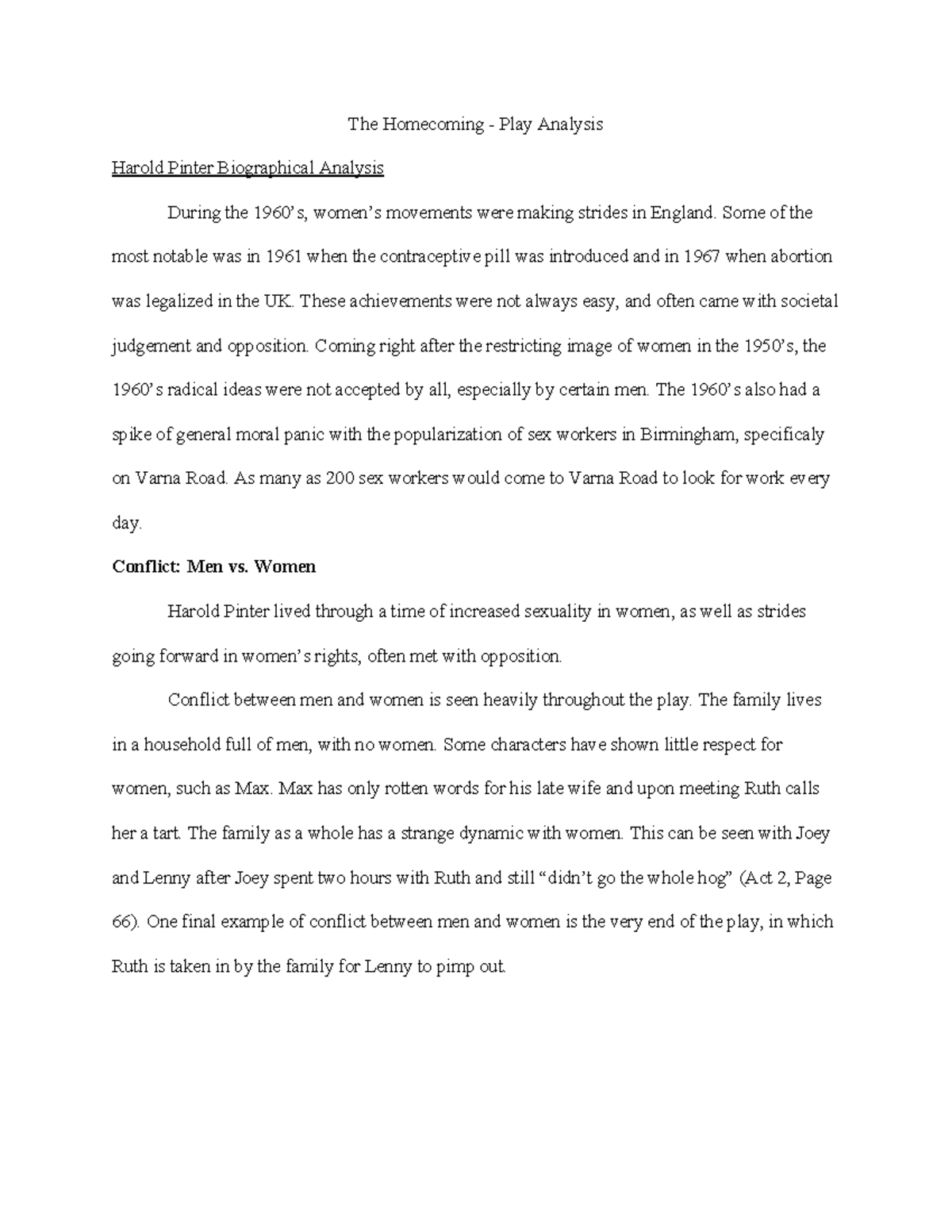 The Homecoming - Play Analysis - The Homecoming - Play Analysis Harold ...