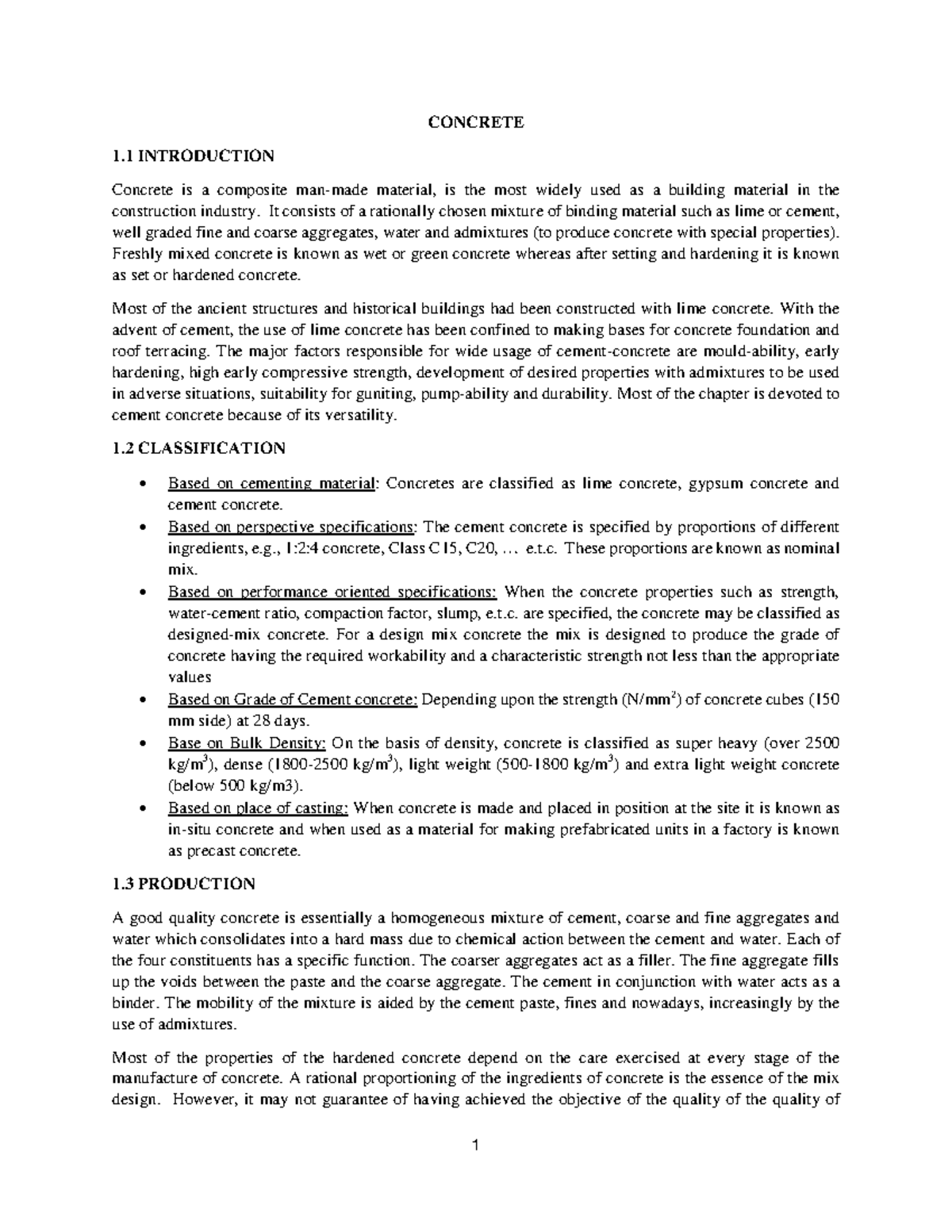Concrete - Lecture notes 4 - CONCRETE 1 INTRODUCTION Concrete is a ...