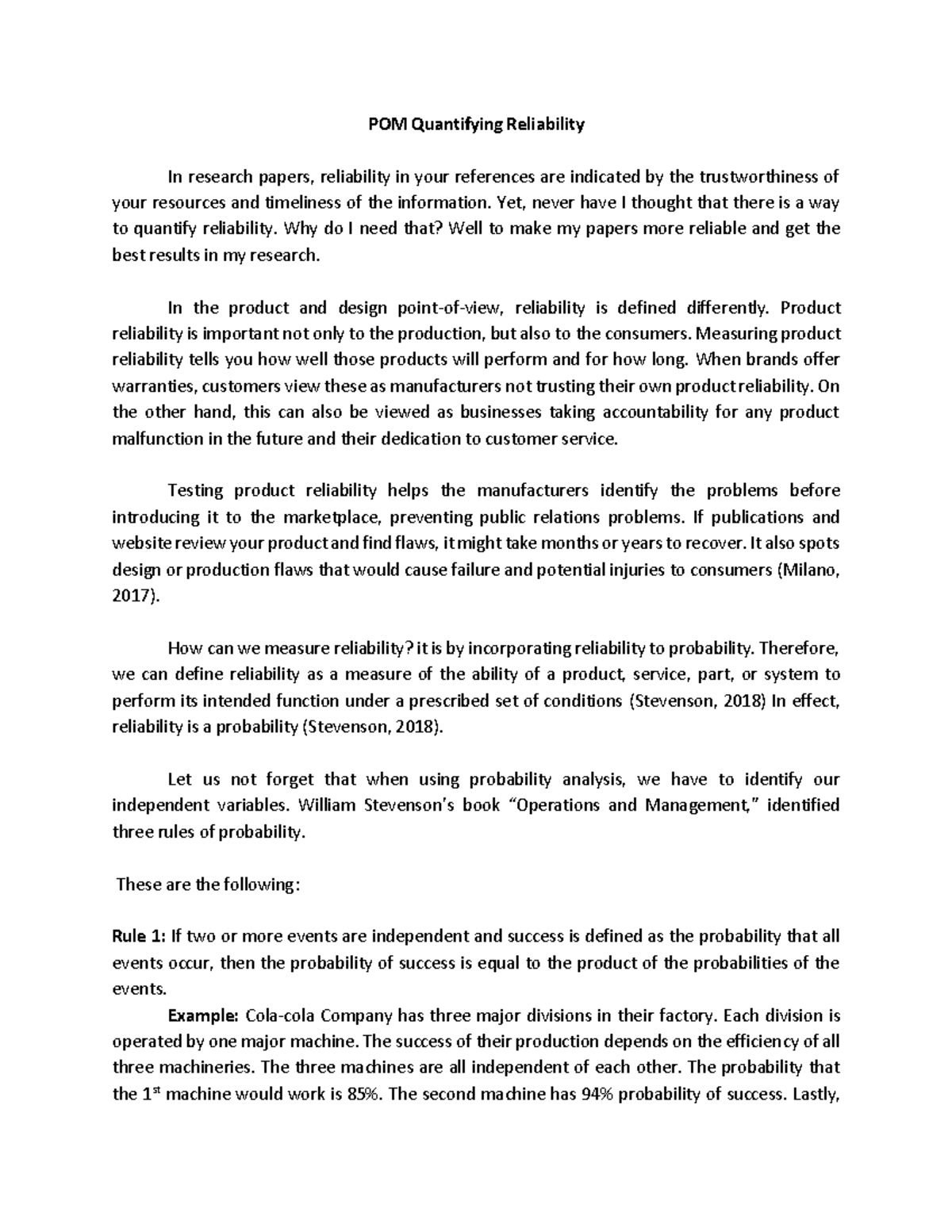 Quantifying Reliability Essay - POM Quantifying Reliability In research ...