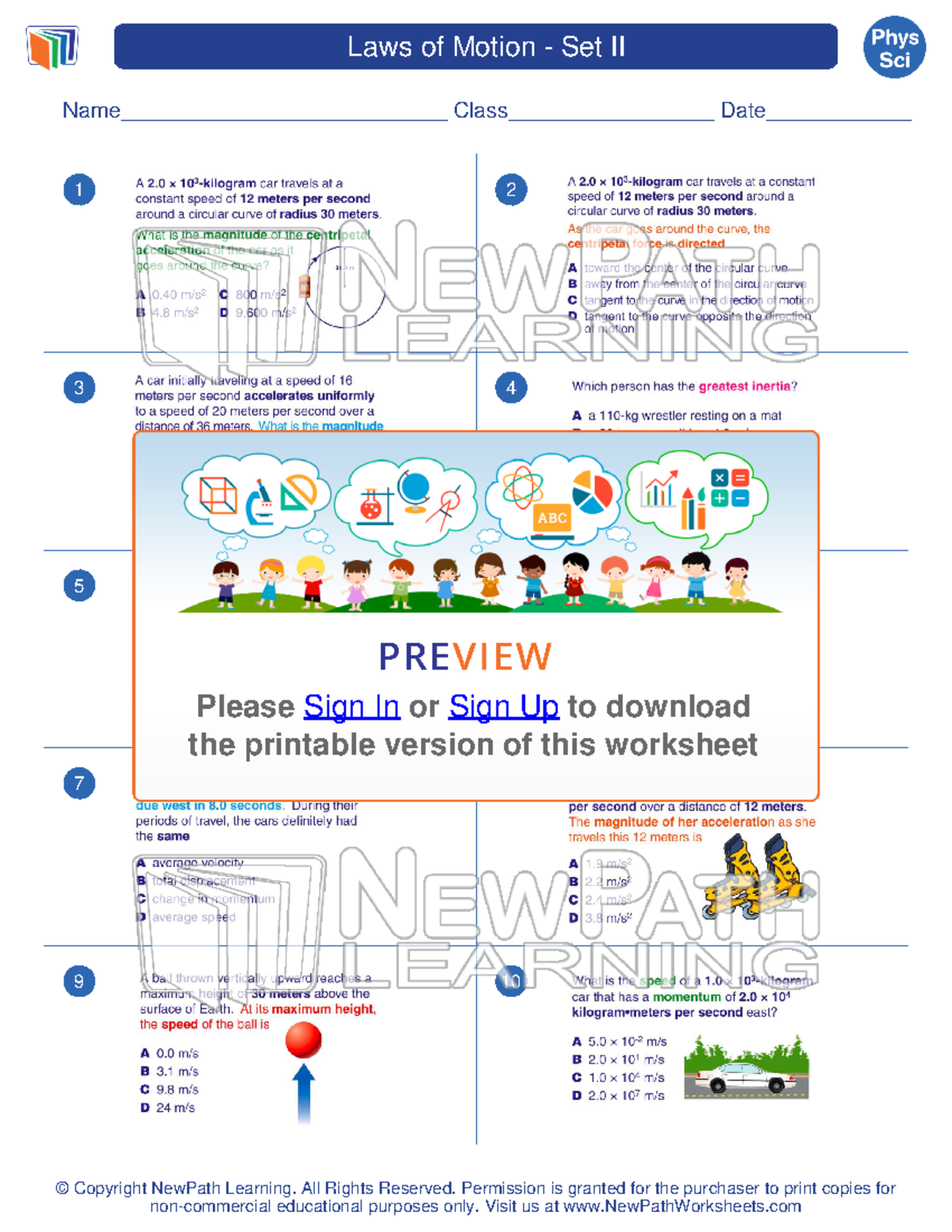 Worksheet physics high school laws of motion set ii 0 - Name