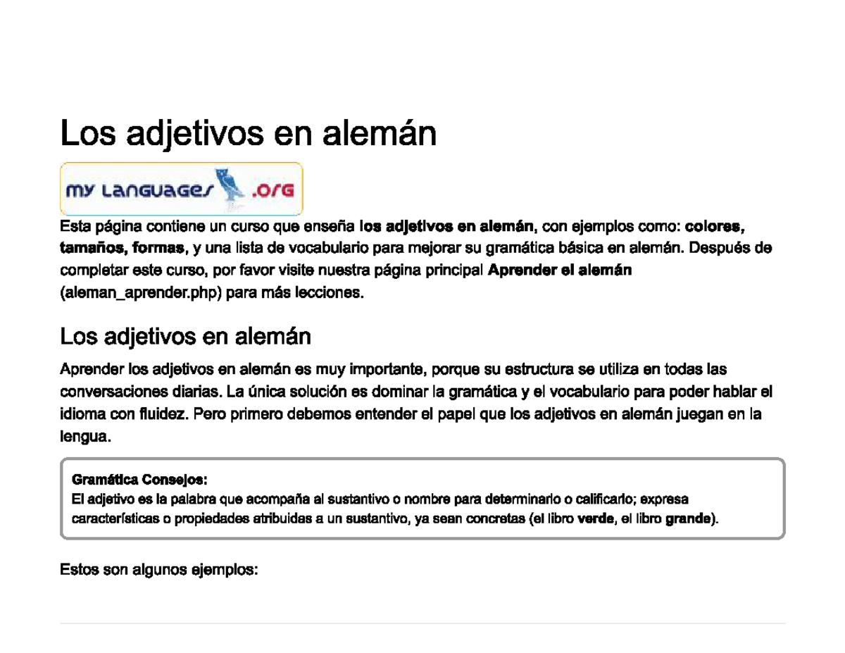 Alemán Adjetivos - ALEMAN ESTUDIO GRAMATICAL DEL IDIOMA ALEMAN ...