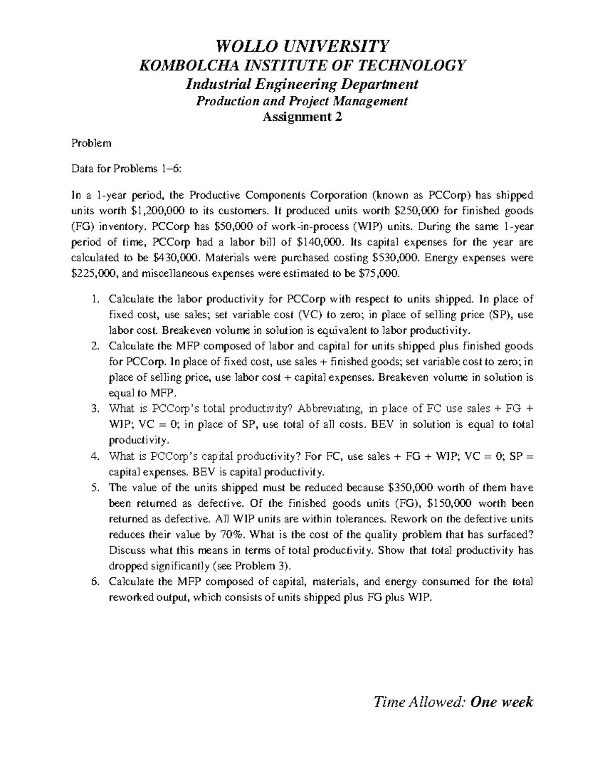 487356078-Assignment-1 - WOLLO UNIVERSITY KOMBOLCHA INSTITUTE OF ...