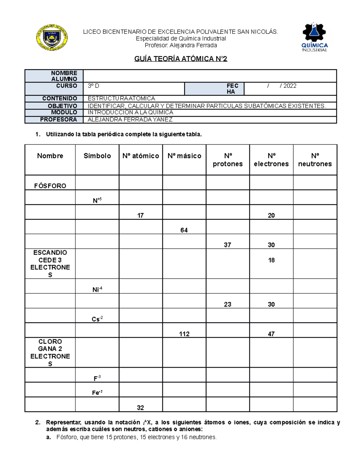 GUÍA Teoría Atómica N°2 - LICEO BICENTENARIO DE EXCELENCIA POLIVALENTE ...