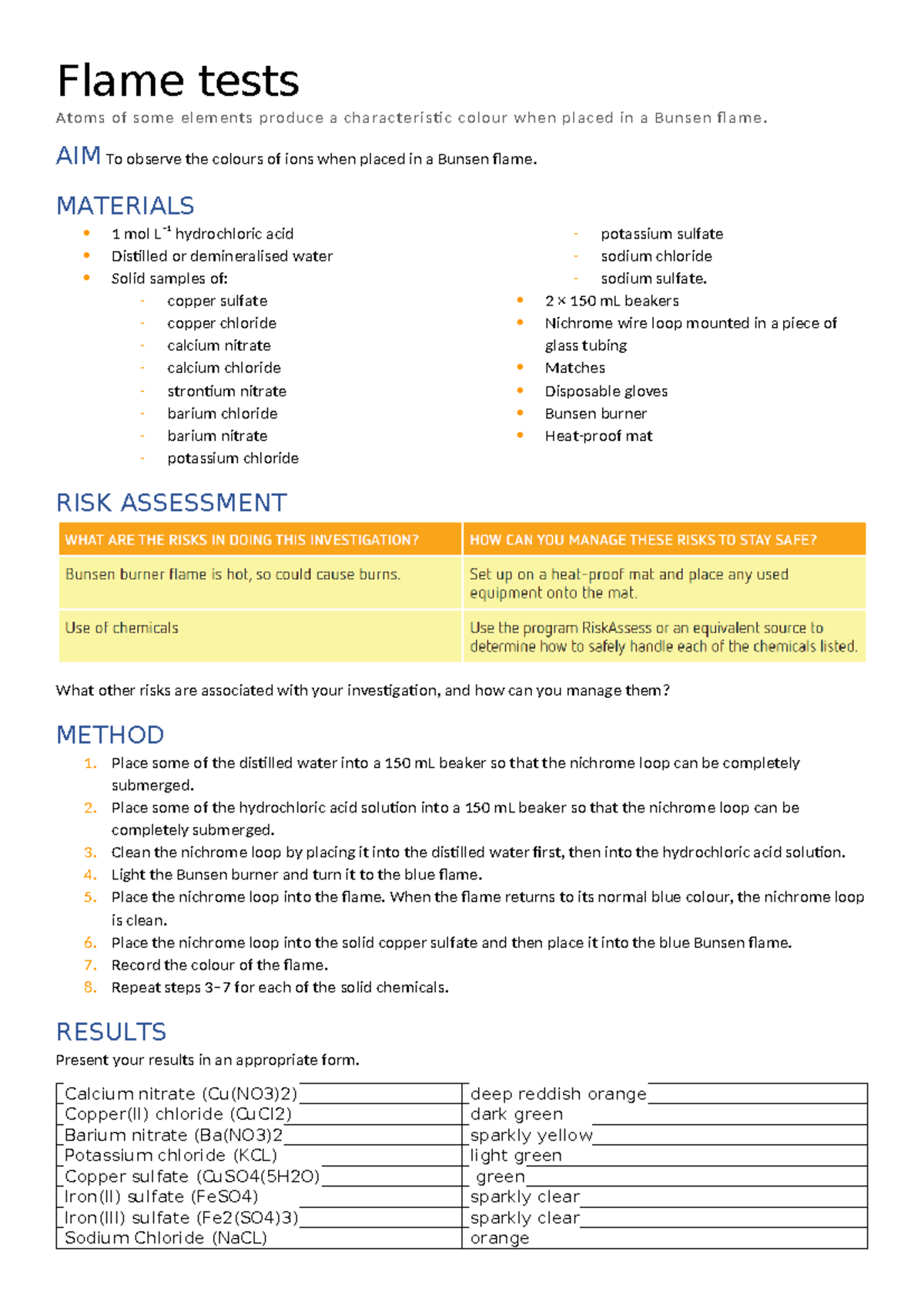 PRAC - Flame tests - prac - Flame tests Atoms of some elements produce ...
