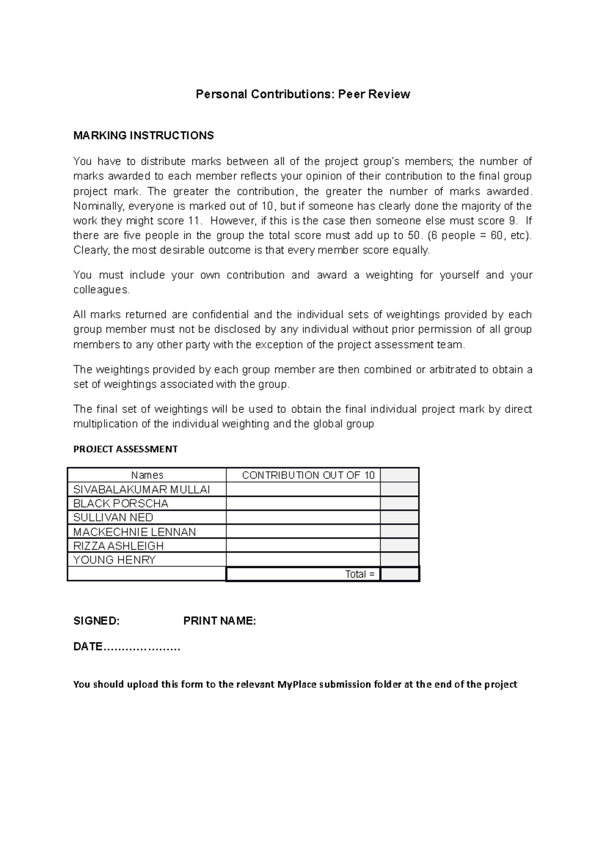 UNIT-10B Peer Assessment - Personal Contributions: Peer Review MARKING ...