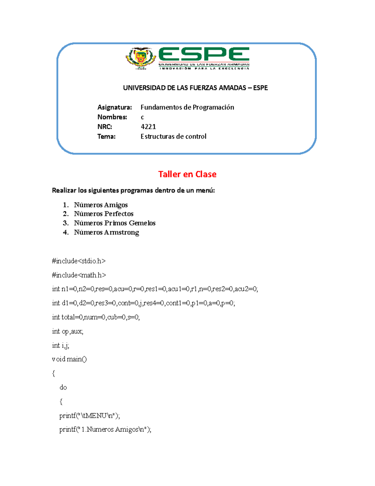 Taller 2 Programa de un número primo - Taller en Clase Realizar los ...