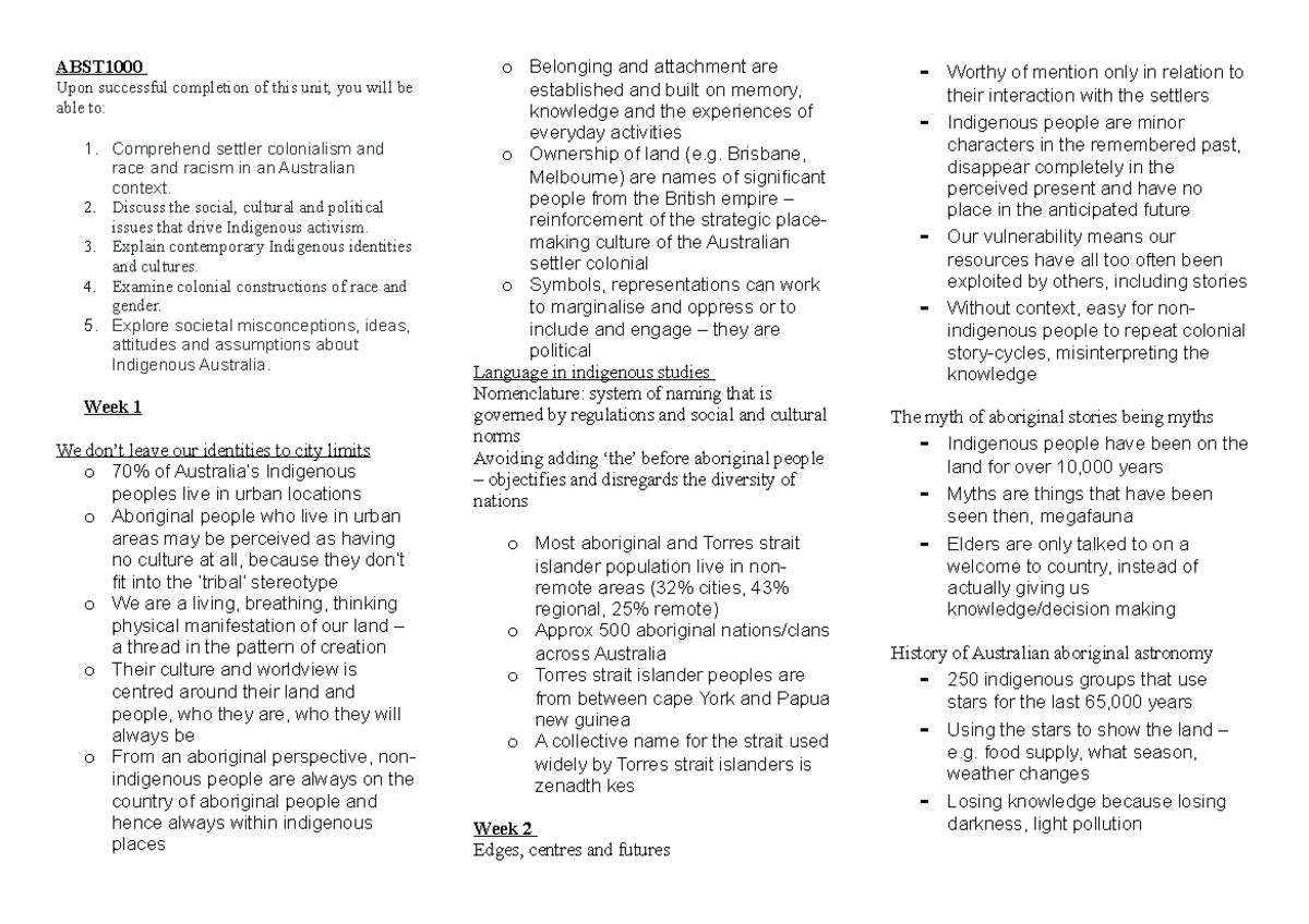 ABST1000 lecture notes, full wk 1-12 - ABST Upon successful completion ...