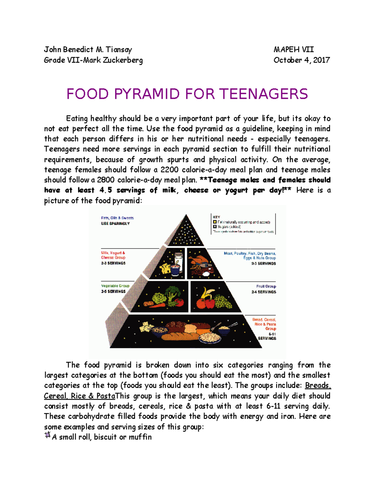 Food pyramid for Teenagers - John Benedict M. Tiansay MAPEH VII Grade ...