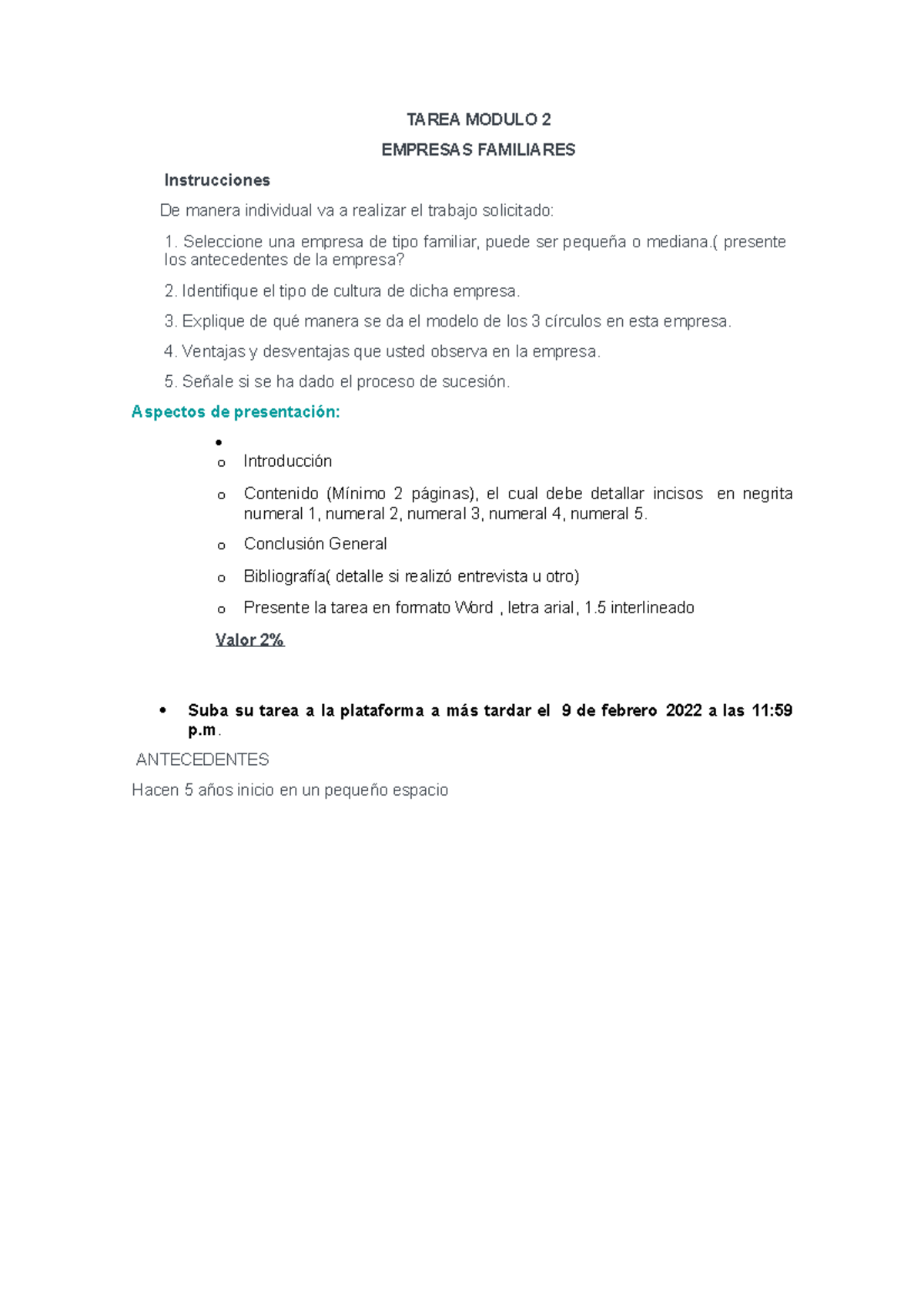 Tarea Modulo 2 - nada - TAREA MODULO 2 EMPRESAS FAMILIARES Instrucciones De manera individual va ...