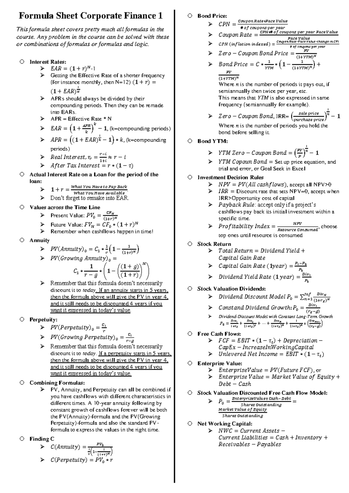 Formula Sheet CF1 2024 March - Formula Sheet Corporate Finance 1 This ...