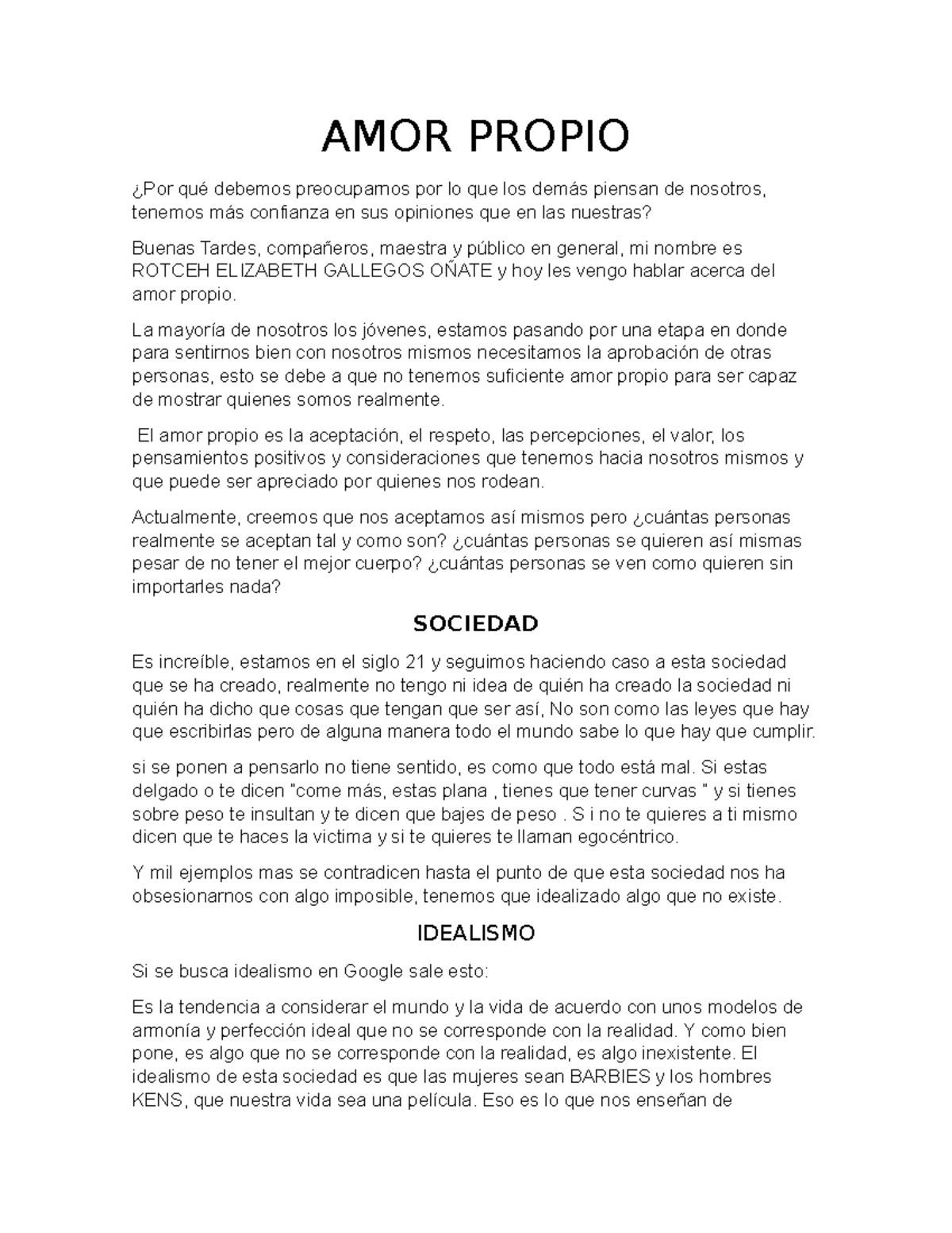 AMOR Propio Discurso - AMOR PROPIO ¿Por qué debemos preocuparnos por lo ...