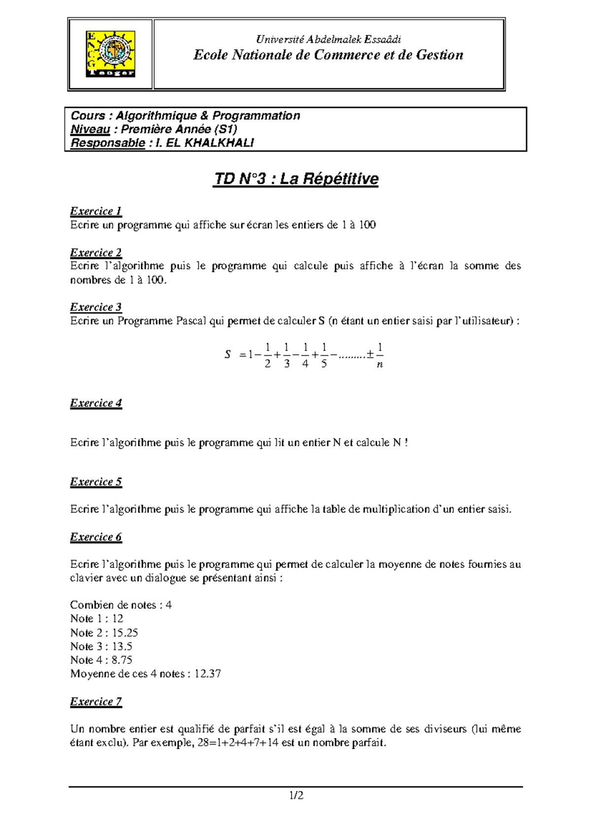 Info Td3 Algo Info Td3 Algo 1 Cours Algorithmique And Programmation Niveau Première Année 2245