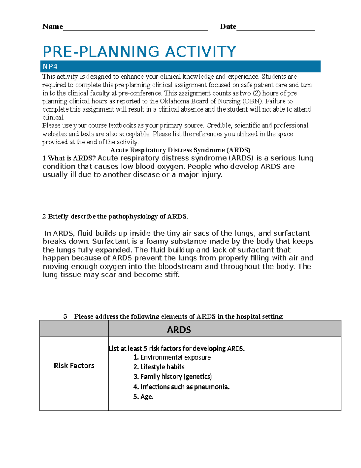 #5 Pre Plan NP4 ARDS - Name___________________________________ Date___________________ PRE ...