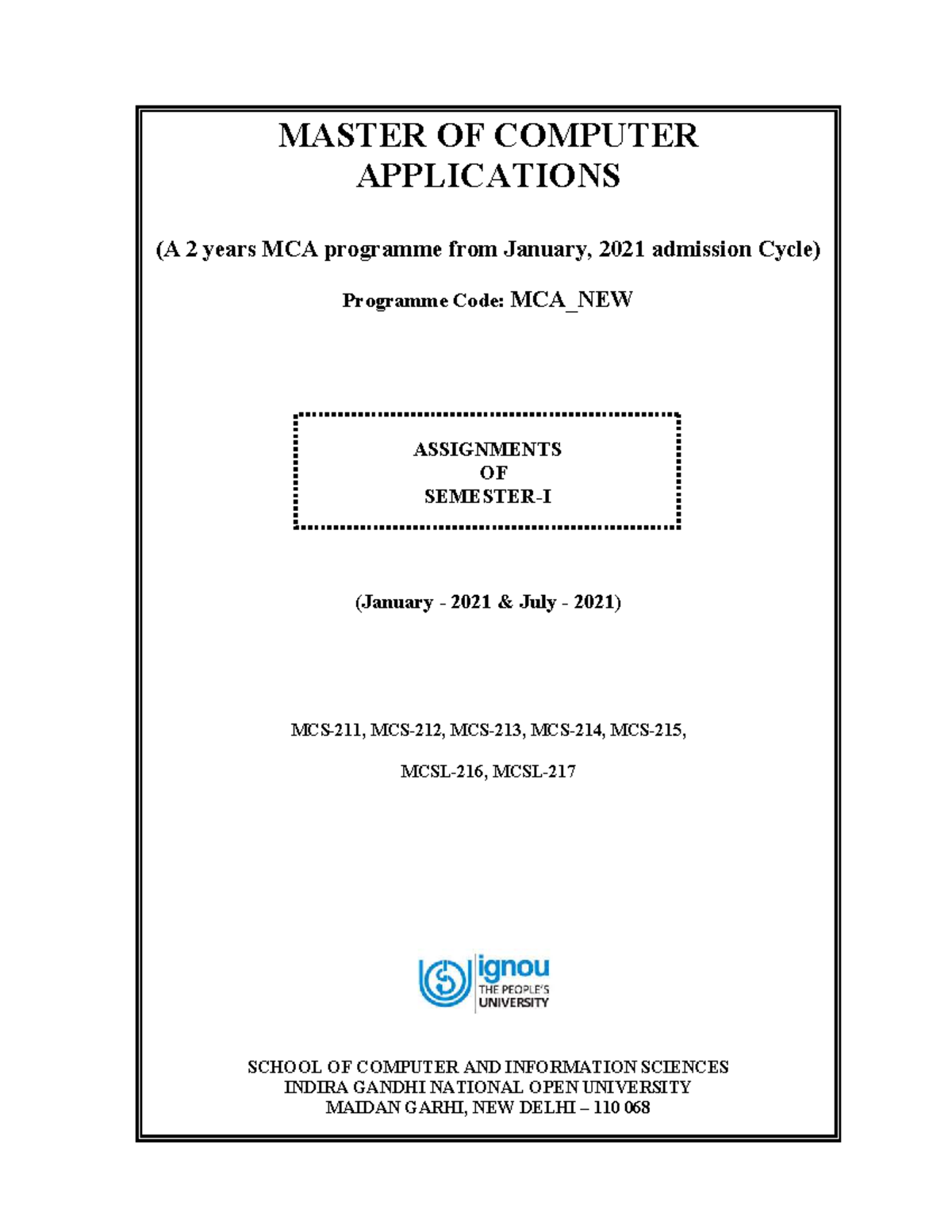 MCA NEW Semester 1 January 2021 - MASTER OF COMPUTER APPLICATIONS (A 2 years MCA programme from ...