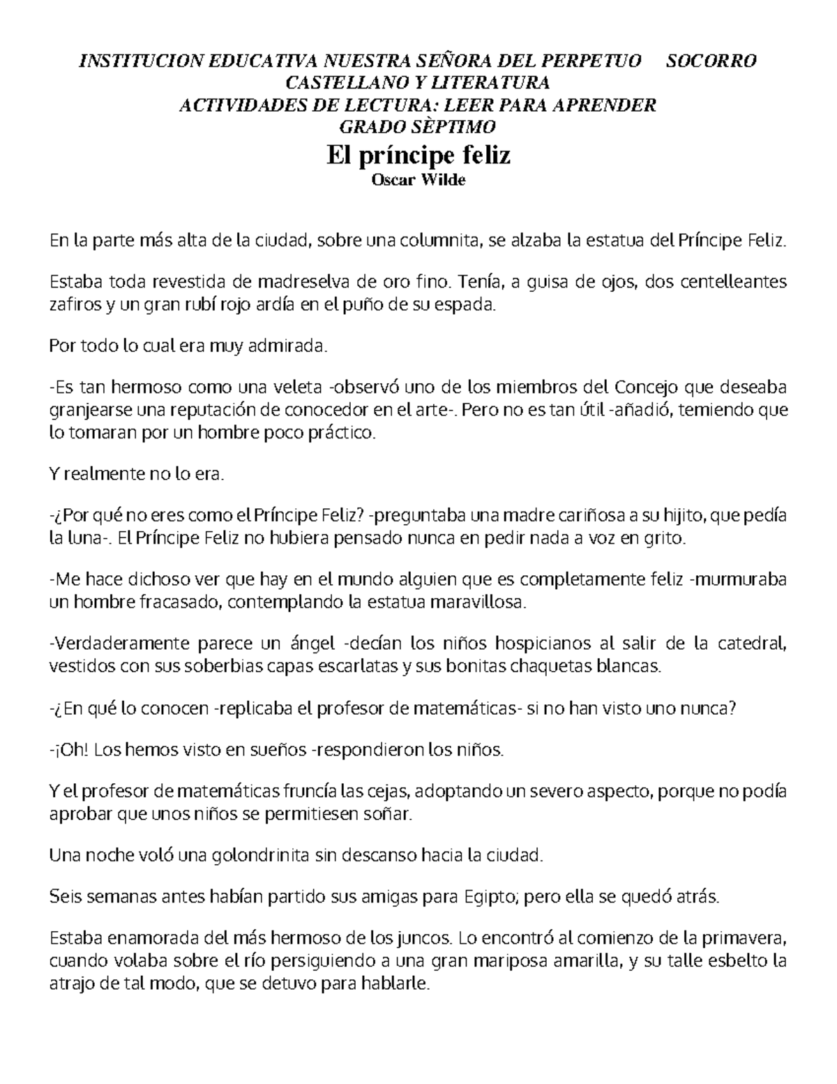 El príncipe feliz 2022 - INSTITUCION EDUCATIVA NUESTRA SEÑORA DEL ...