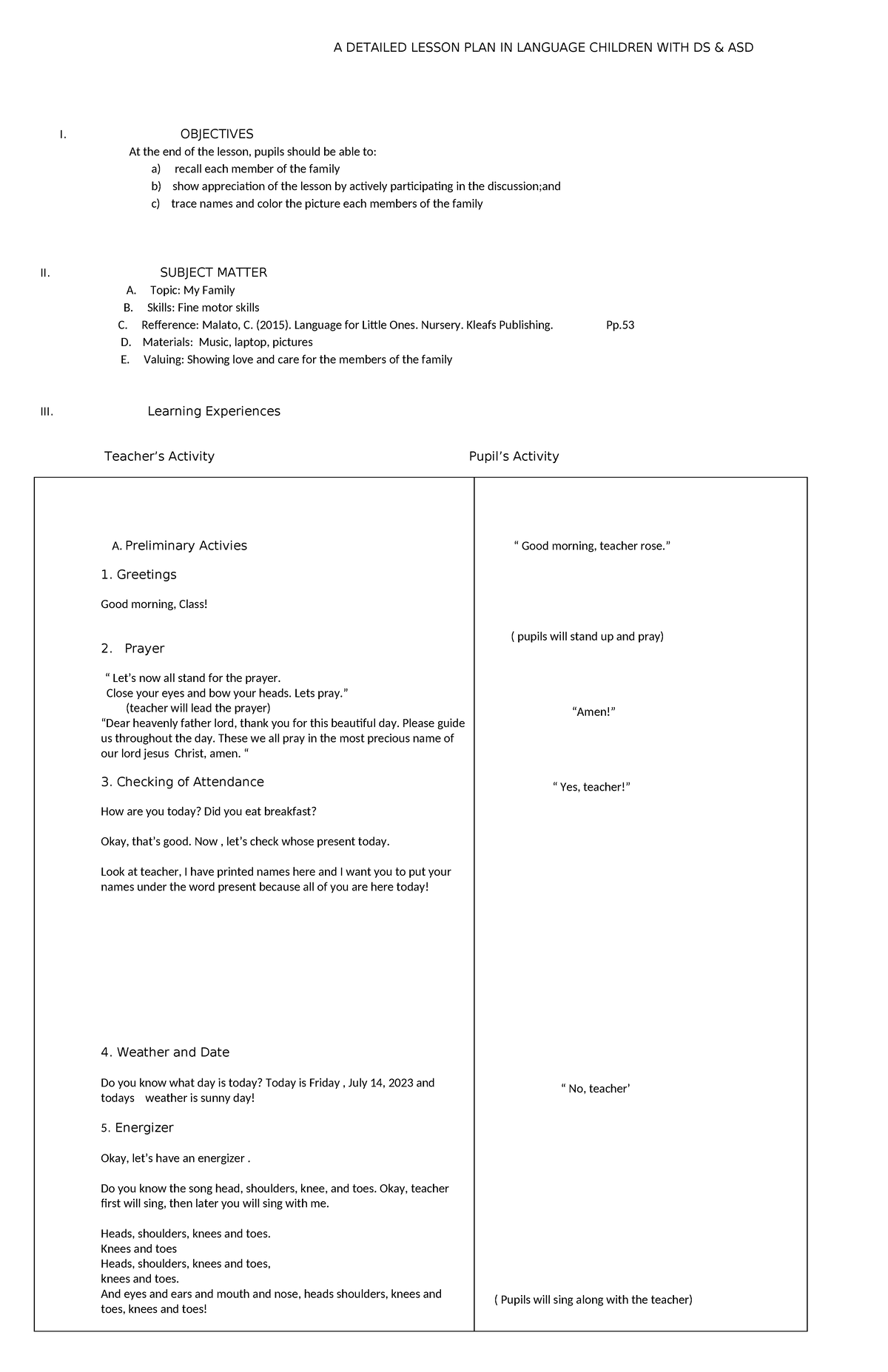 A Detailed Lesson PLAN IN Language Children WITH DS Kidos - A DETAILED ...