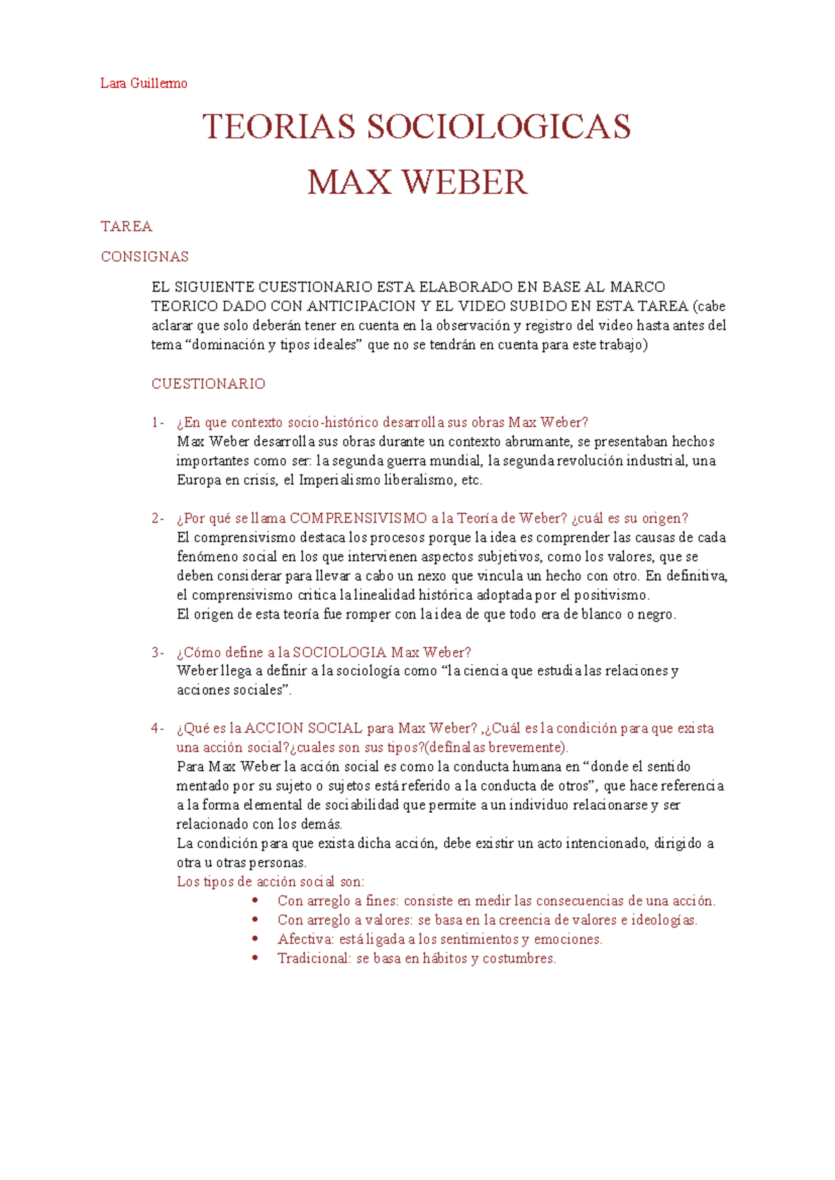 Tarea de Max Weber - Lara Guillermo TEORIAS SOCIOLOGICAS MAX WEBER TAREA CONSIGNAS EL SIGUIENTE ...