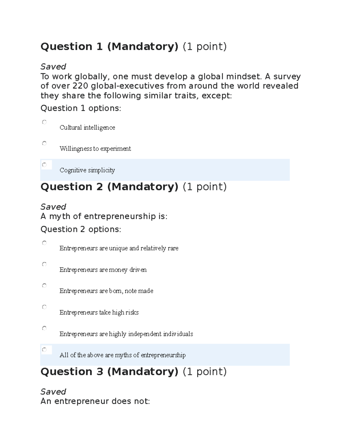 Global Business Quiz 1 - QUIZ - Question 1 (Mandatory) (1 point) Saved ...