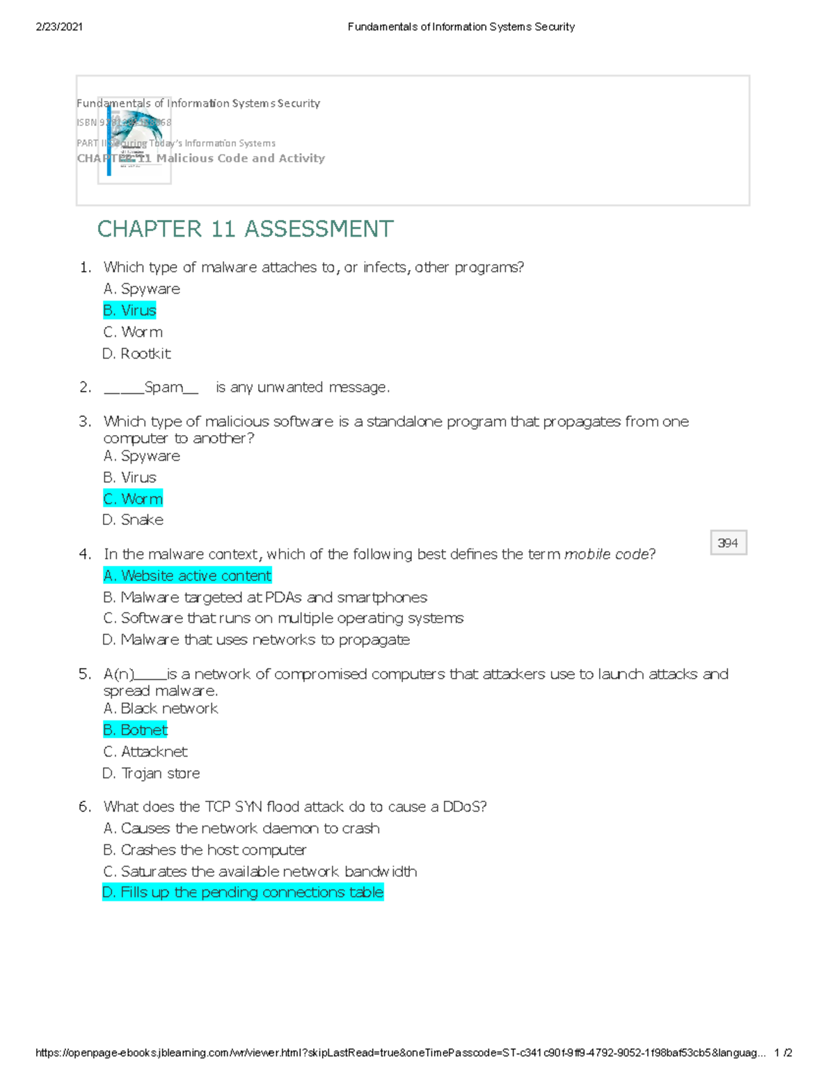 Chapter 11 Assesstment - CHAPTER 11 ASSESSMENT Which type of malware attaches to, or infects ...