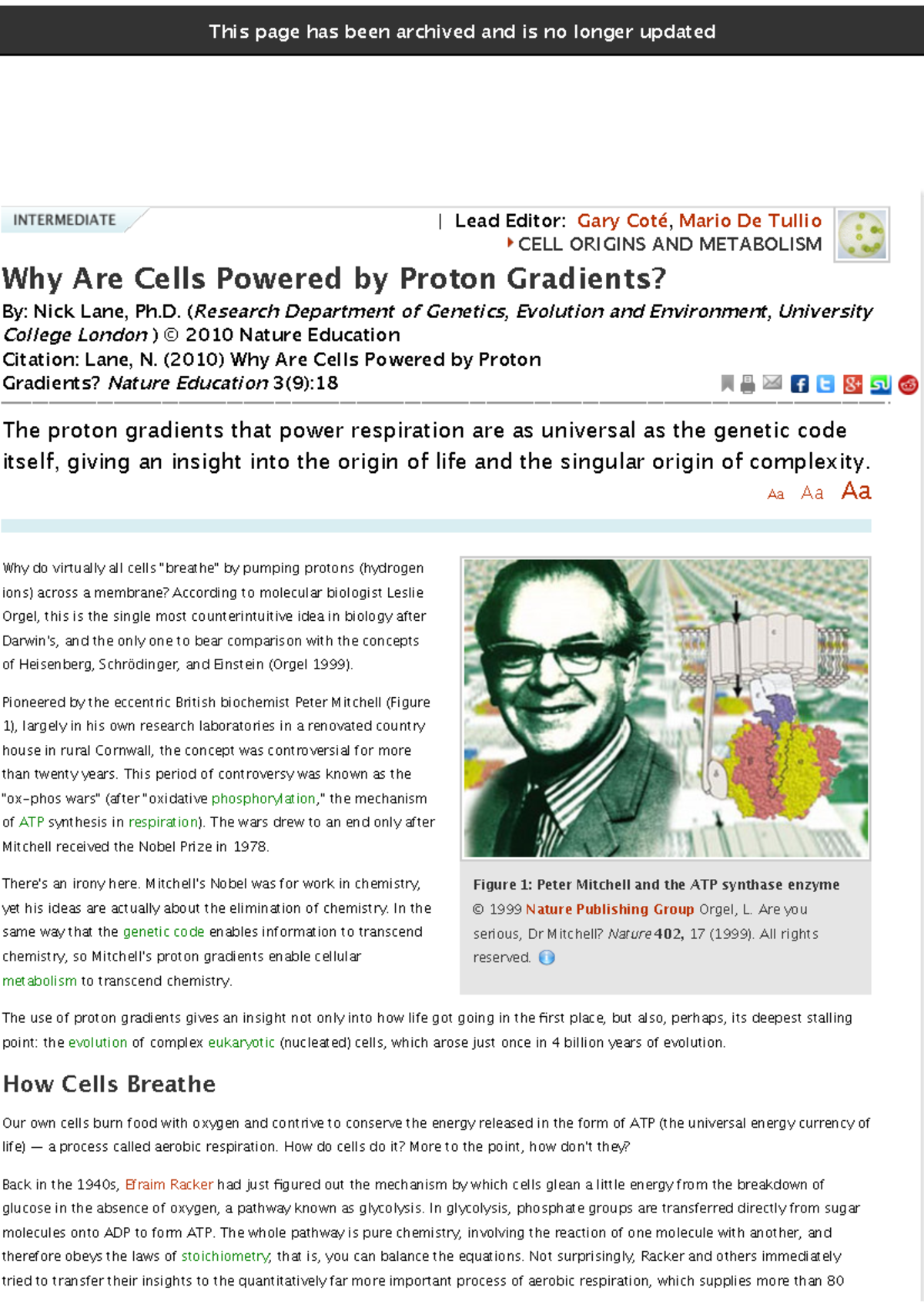 Proton Gradient, Cell Origin, ATP Synthase Learn Science at Scitable - | Lead Editor: Gary Coté ...