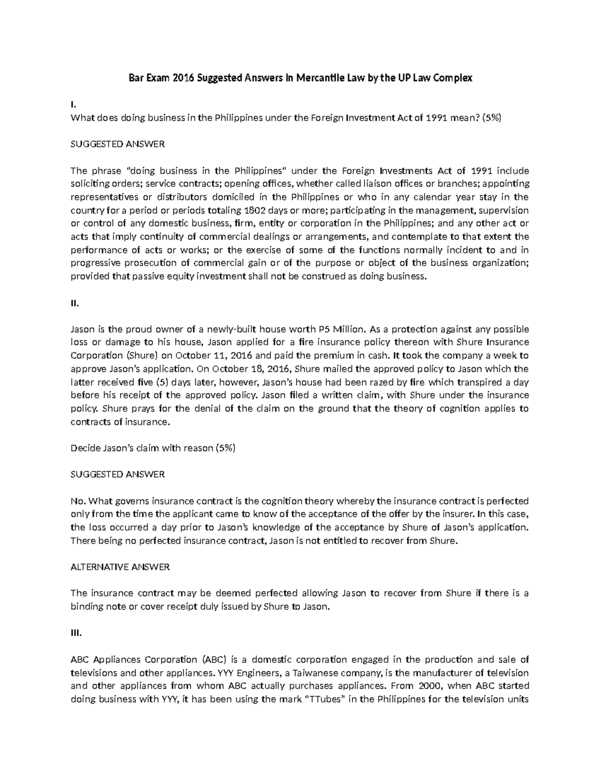 2016 Bar Exam Suggested Answers in Mercantile Law by the UP Law Complex ...