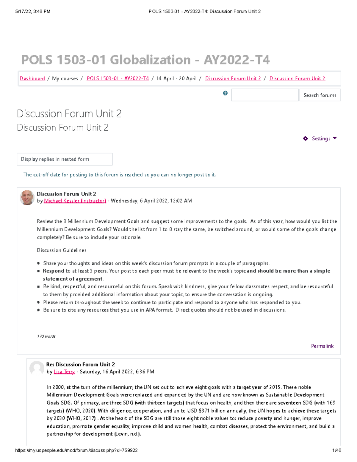 POLS 1503-01 - AY2022-T4 Discussion Forum Unit 2 - POLS 1503-01 Globalization - AY2022-T ...