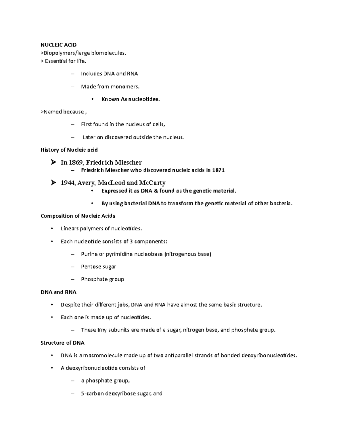 Nucleic ACID Notes - NUCLEIC ACID Biopolymers/large biomolecules ...