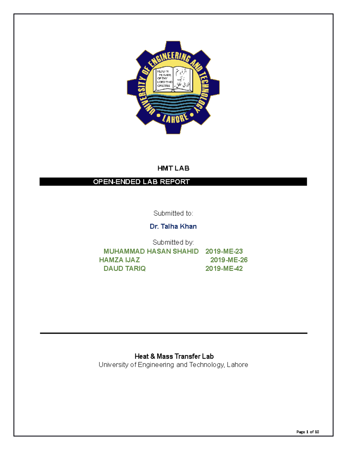 HMT LAB OEL - HMT LAB OPEN-ENDED LAB REPORT Submitted to: Dr. Talha ...