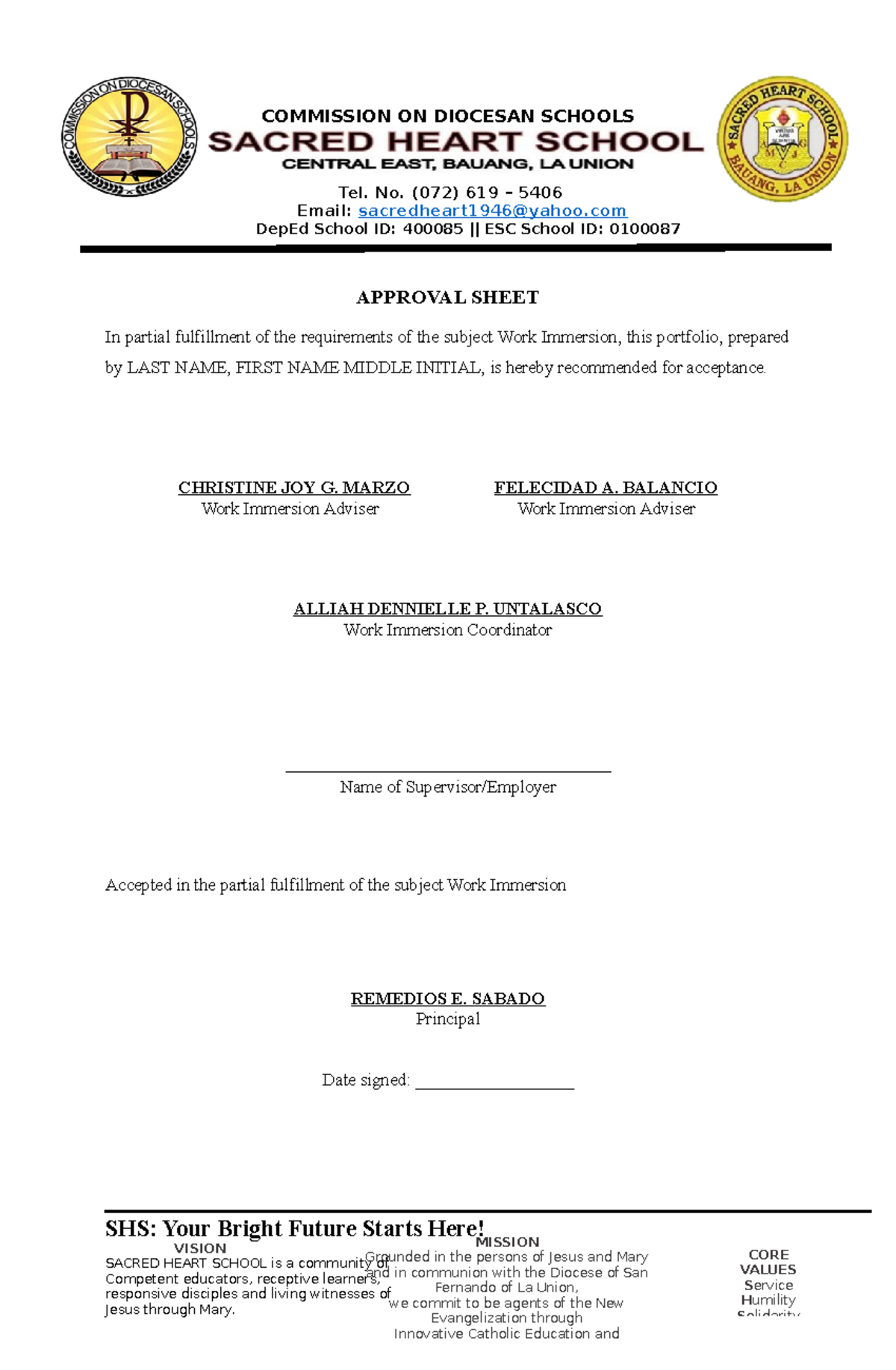 Approval- Sheet - COMMISSION ON DIOCESAN SCHOOLS Tel. No. (072) 619 ...