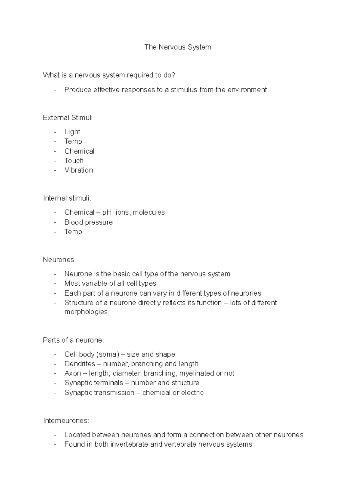 Nervous system lecture 1 notes - The Nervous System What is a nervous ...
