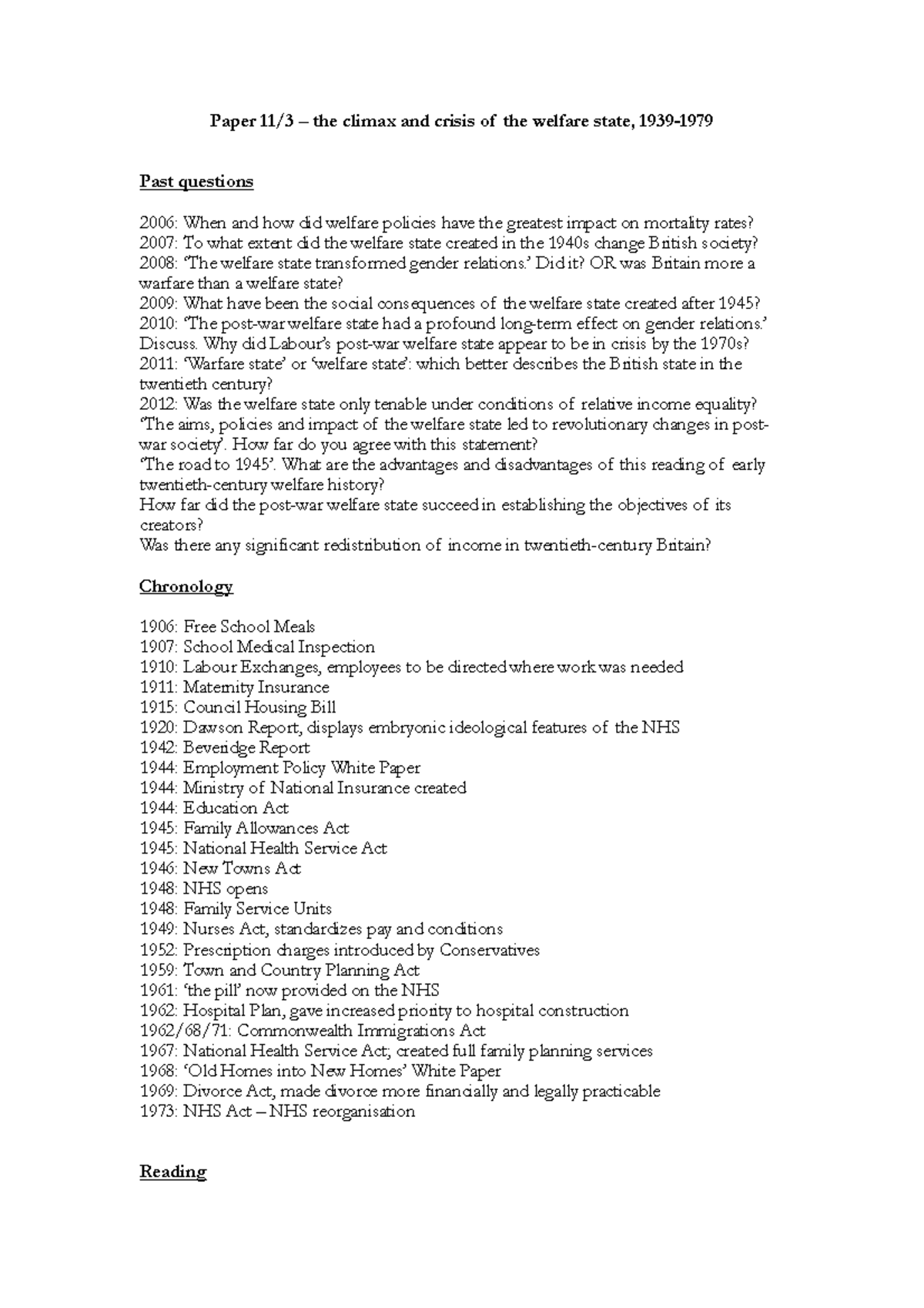 Reading and Lectures notes on topic of the Welfare State after 1945 ...