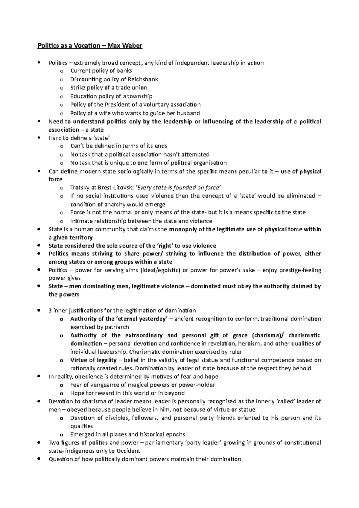 Politics as a Vocation – Max Weber - Charismatic domination exercised ...