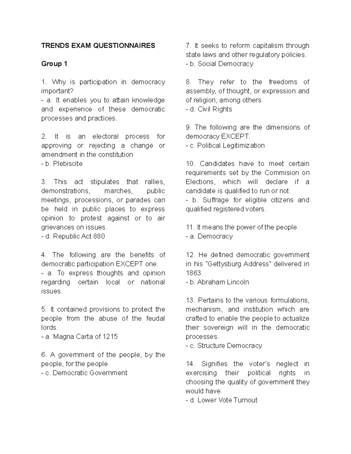 Trends EXAM Questionnaires - TRENDS EXAM QUESTIONNAIRES Group 1 Why is ...