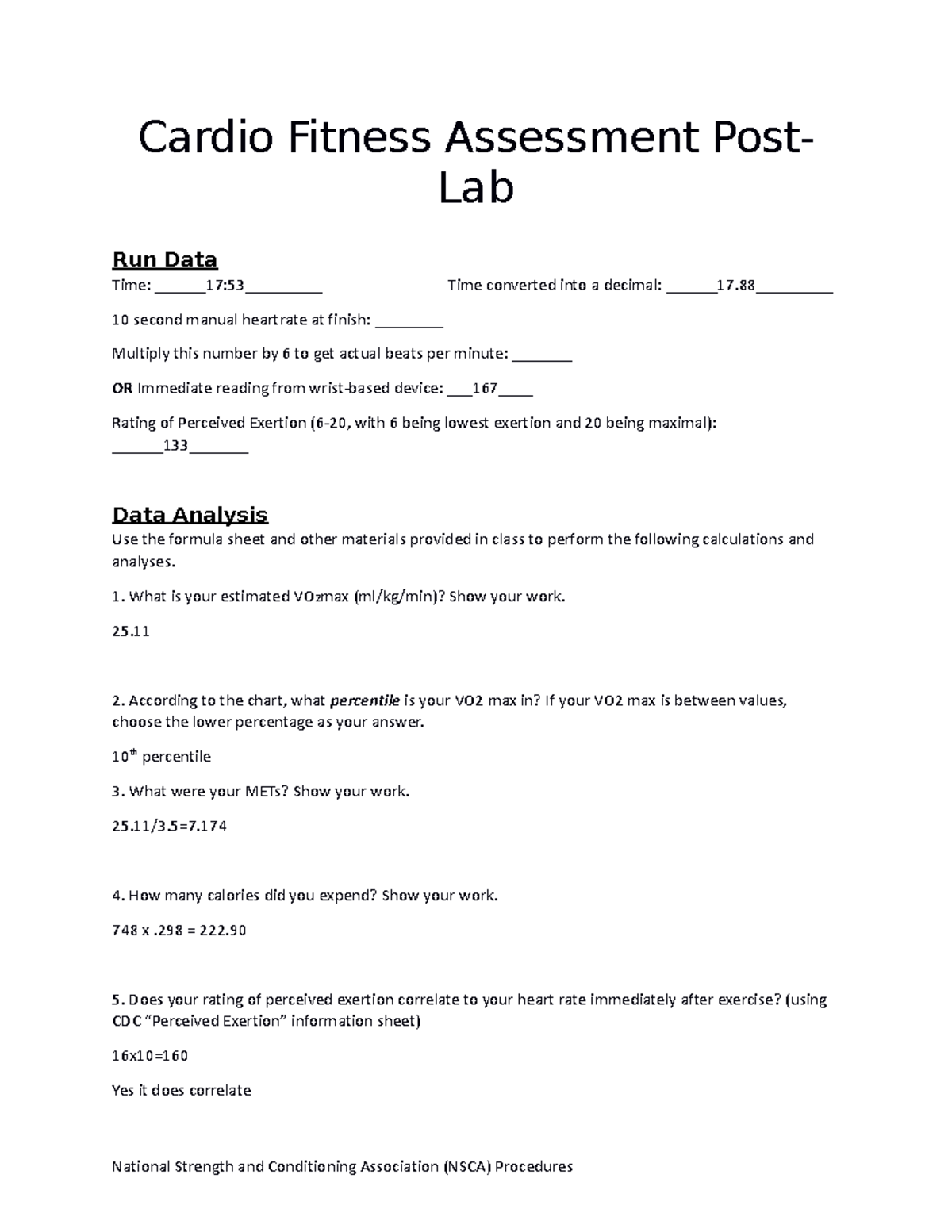 CFA Lab - a review - Cardio Fitness Assessment Post- Lab Run Data Time ...