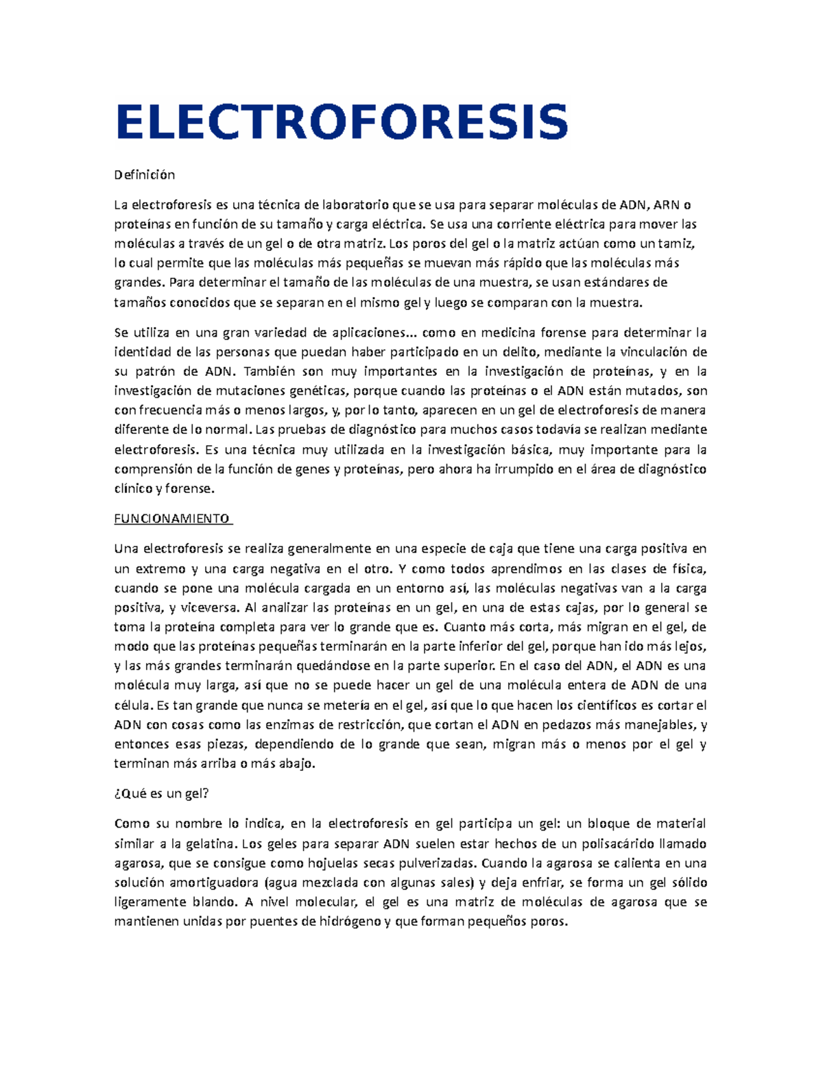 Electroforesis - informe - ELECTROFORESIS Definición La electroforesis es una técnica de ...