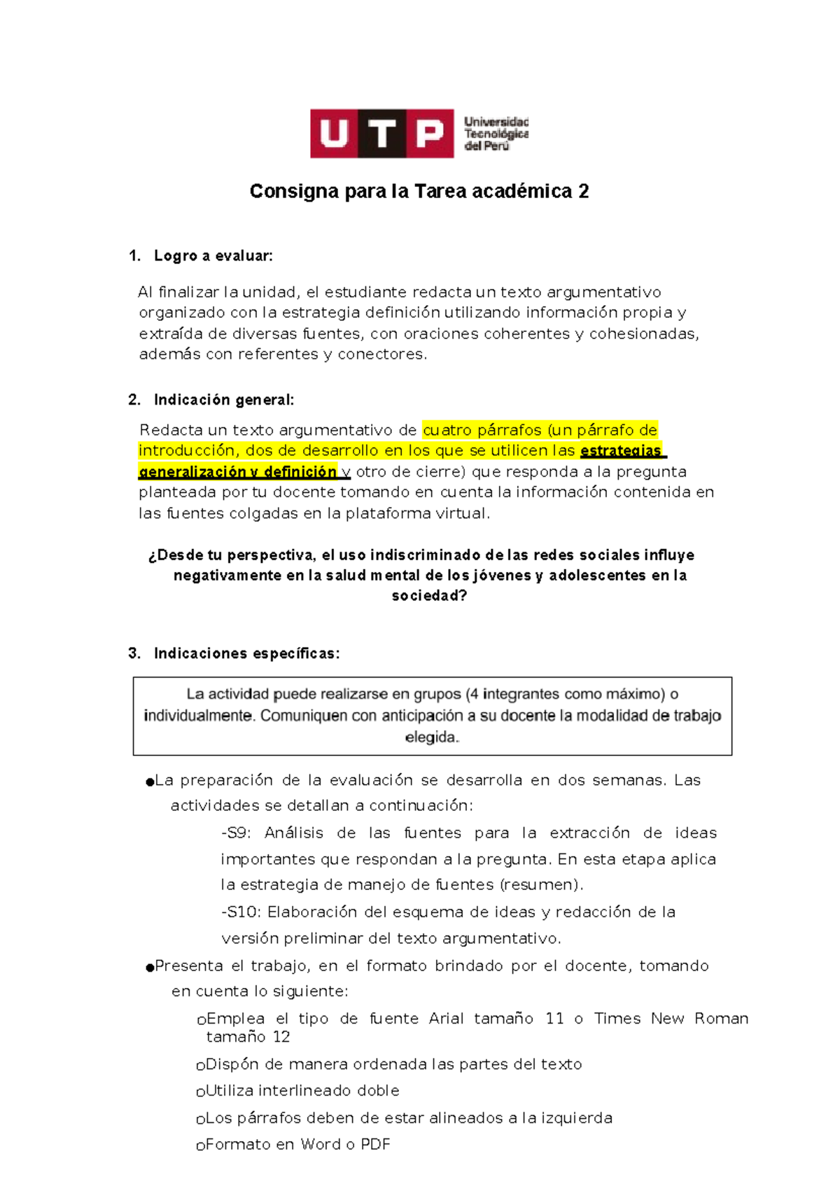 TA2 Generalizacion Y Definicion - Consigna para la Tarea académica 2 1. Logro a evaluar: Al ...