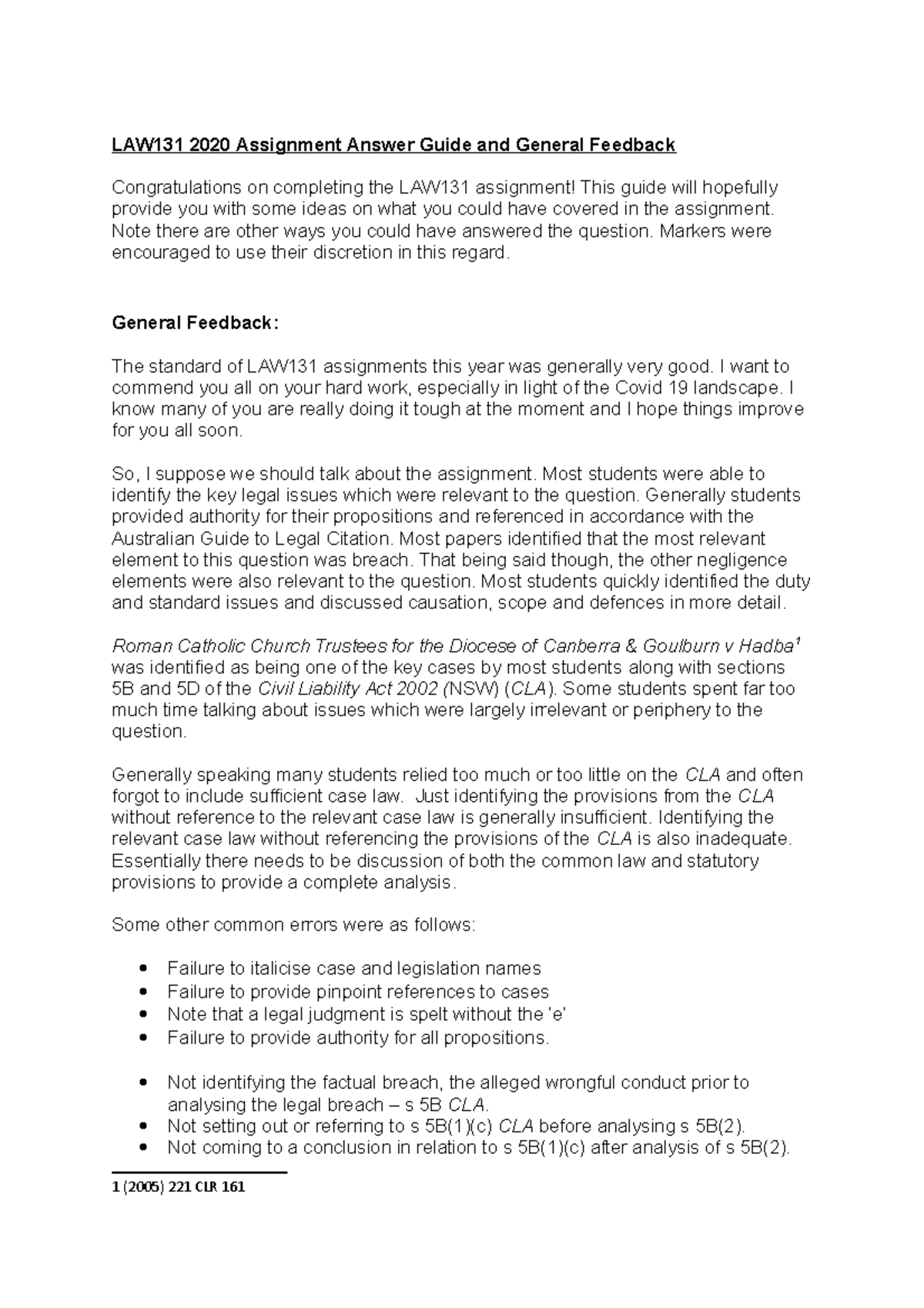 LAW131 Assignment Answer Guide- students - LAW131 2020 Assignment ...