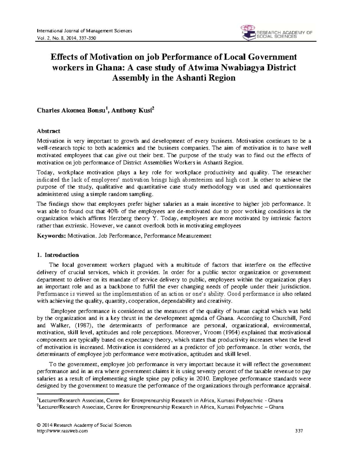 Effects of Motivation on job Performance - © 2014 Research Academy of ...